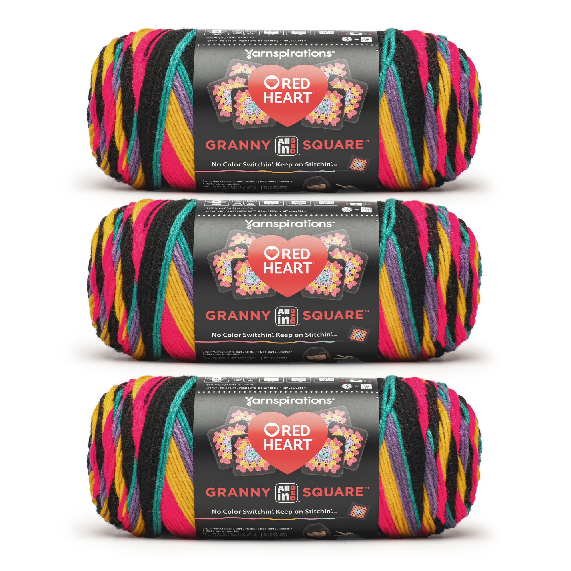 Red Heart® Granny Square™ #4 Med Acrylic Yarn, Blk-rad party 250g 417yd ...