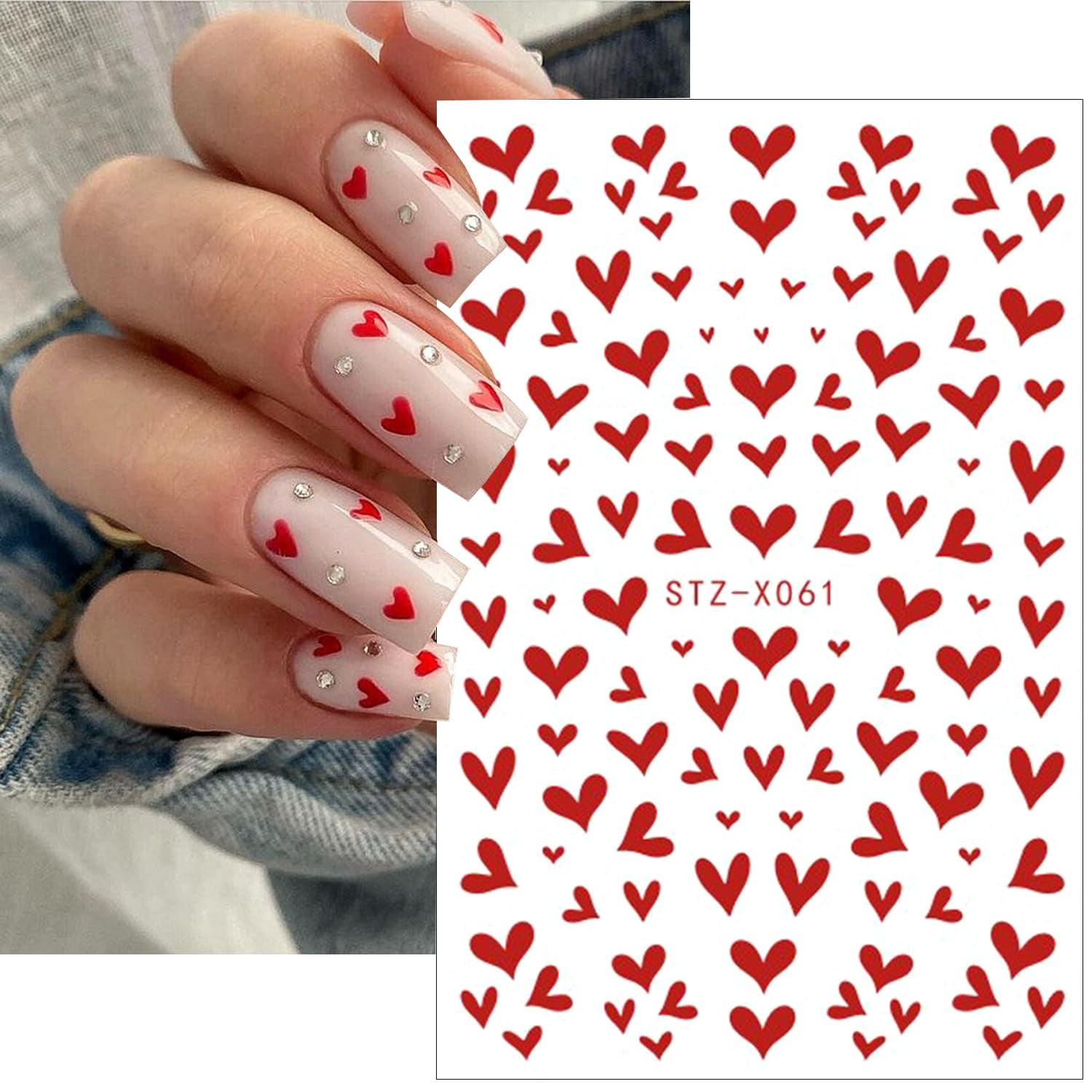 Red Heart Nail Stickers - 6pc Set, 3D Heart Nail Decals for Valentine's ...