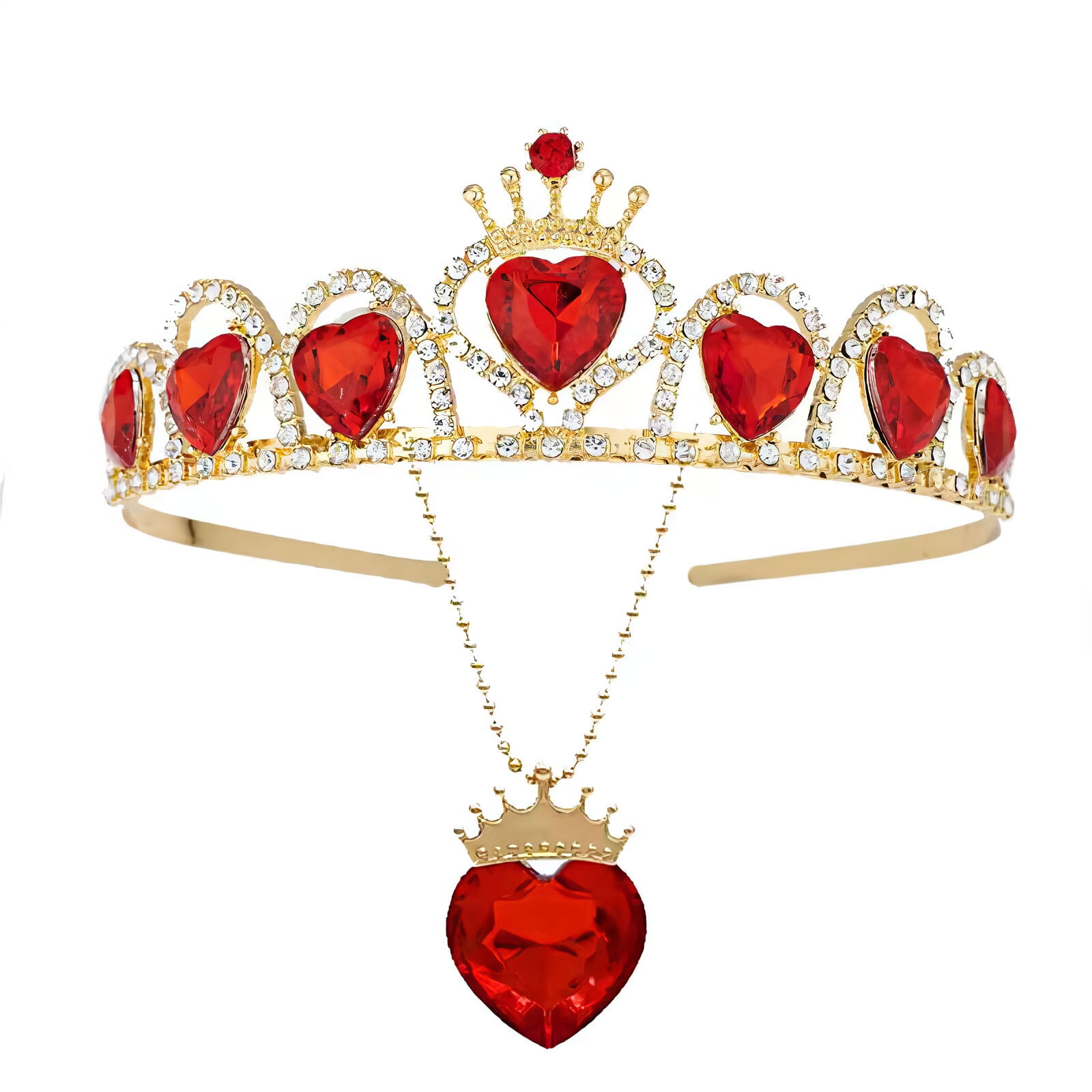 Red Heart Necklace Gold Tiara Crystal Princess Royal Crown for Wedding ...