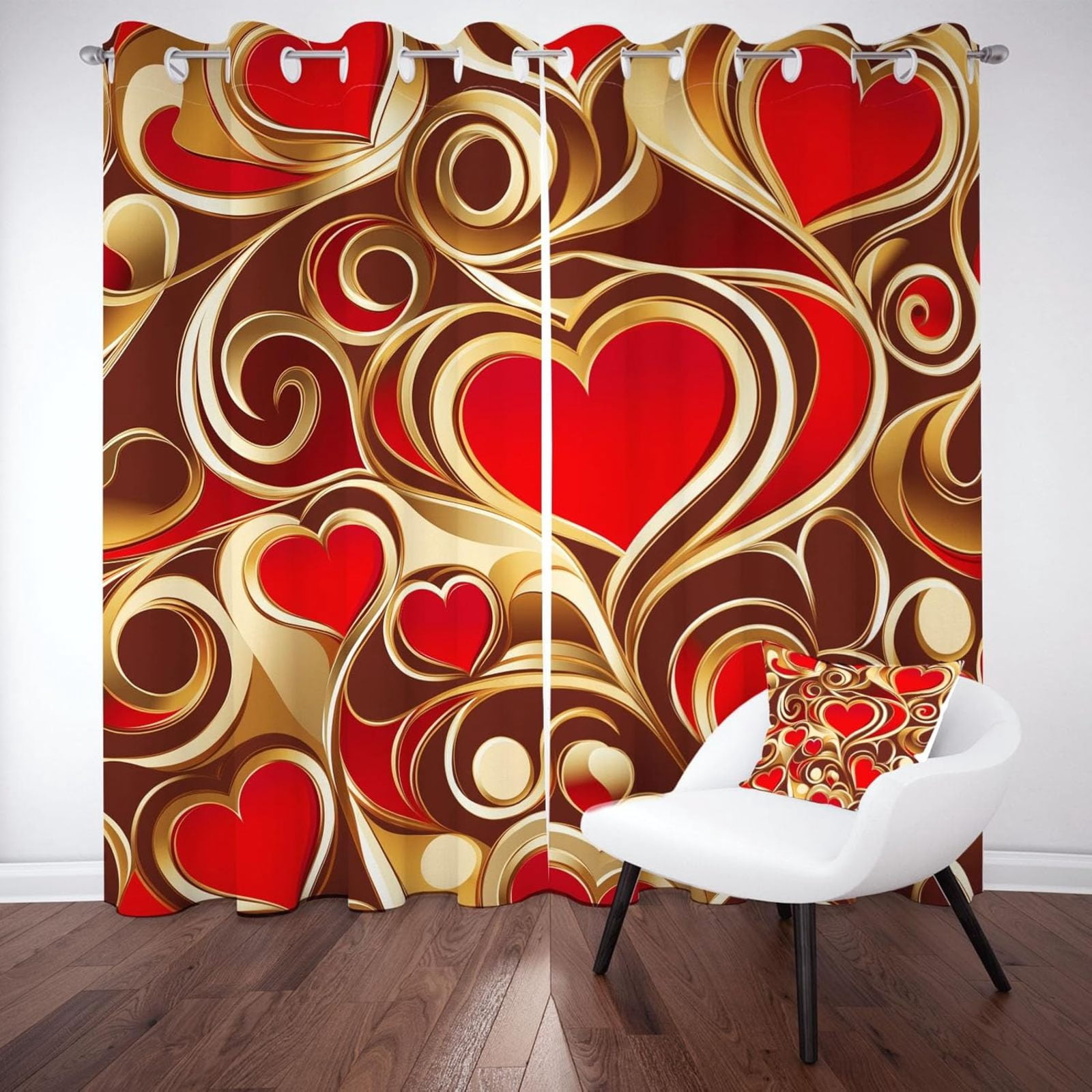 Red Heart Pattern Blackout Curtains For Living Room, Golden Spiral ...