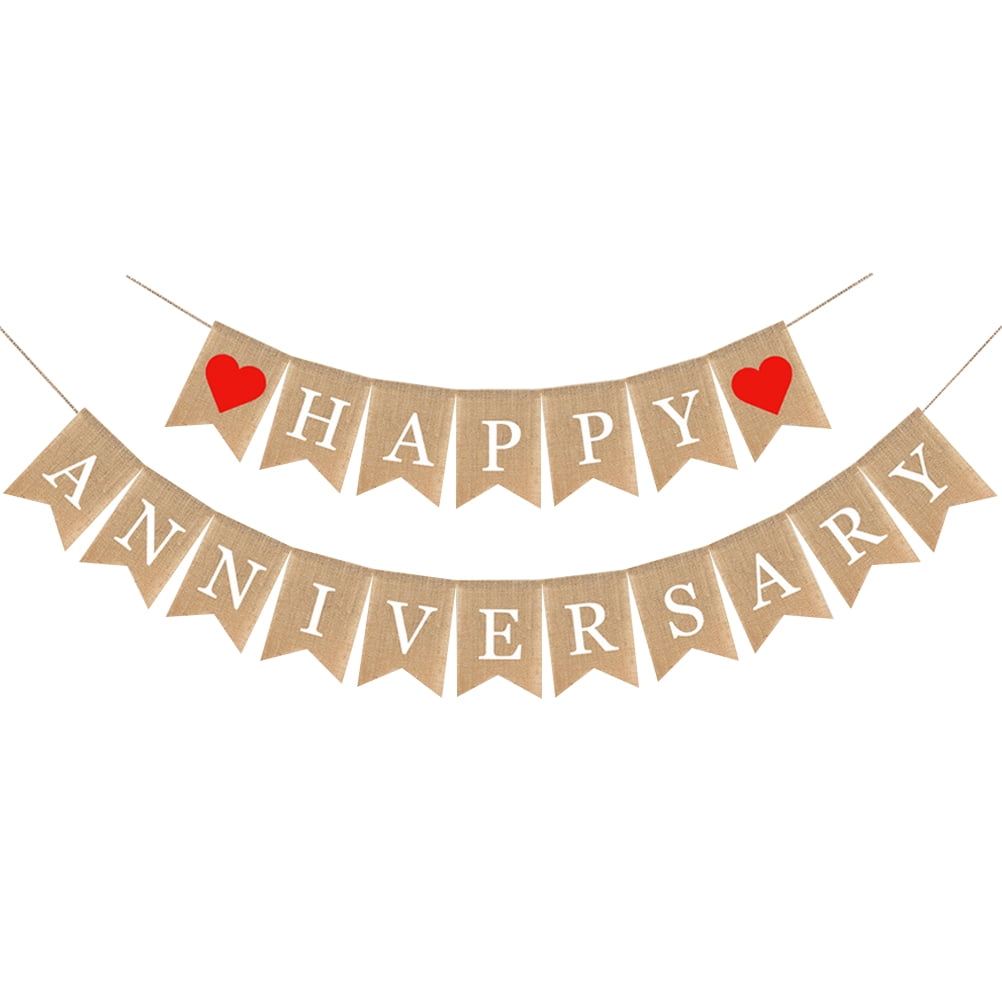 Red Heart Printing Banner Happy Anniversary Letter Garland Linen ...