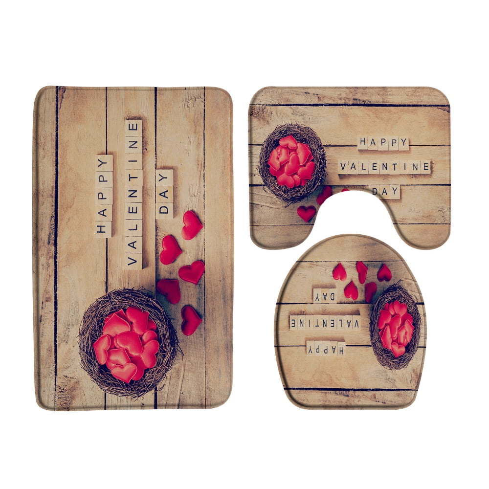 Red Heart Rose Flower Bath Mat Set Wooden Board Valentine's Day Wedding ...