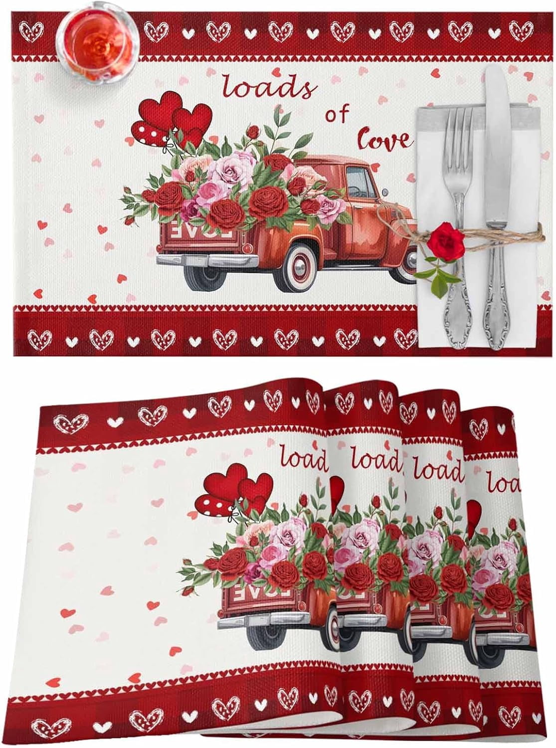 Red Heart Rose Flower Valentines Day Placemats Set of 6 Truck Loads of ...