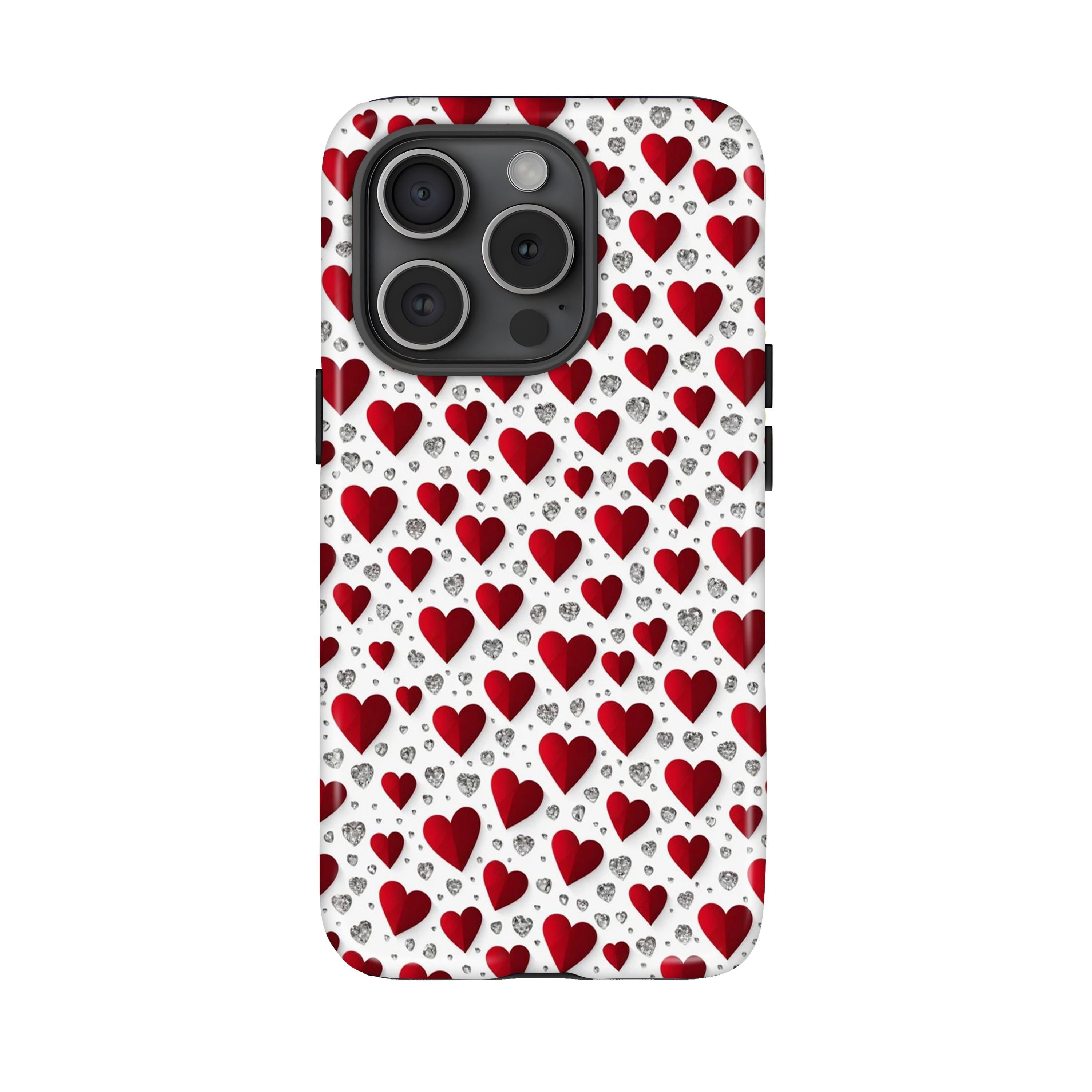 Red Heart Silver Diamond Soft Aesthetic Phone Case with iPhone 17 to 11 ...