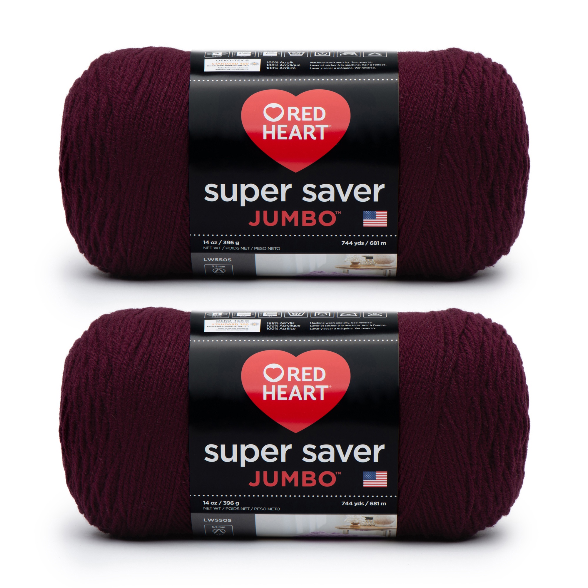 Red Heart Super Saver Jumbo Claret Yarn - 2 Pack of 396g/14oz - Acrylic ...