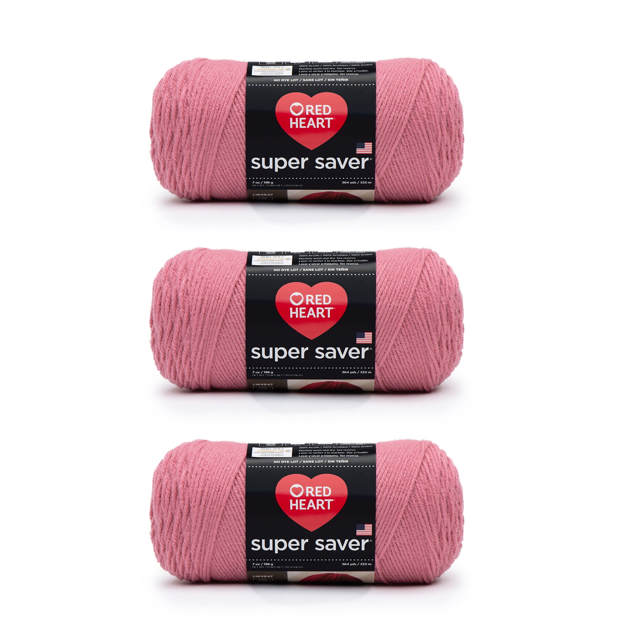 Red Heart Super Saver Yarn, Light Raspberry, 3 Pack, 198g Acrylic, 4 ...