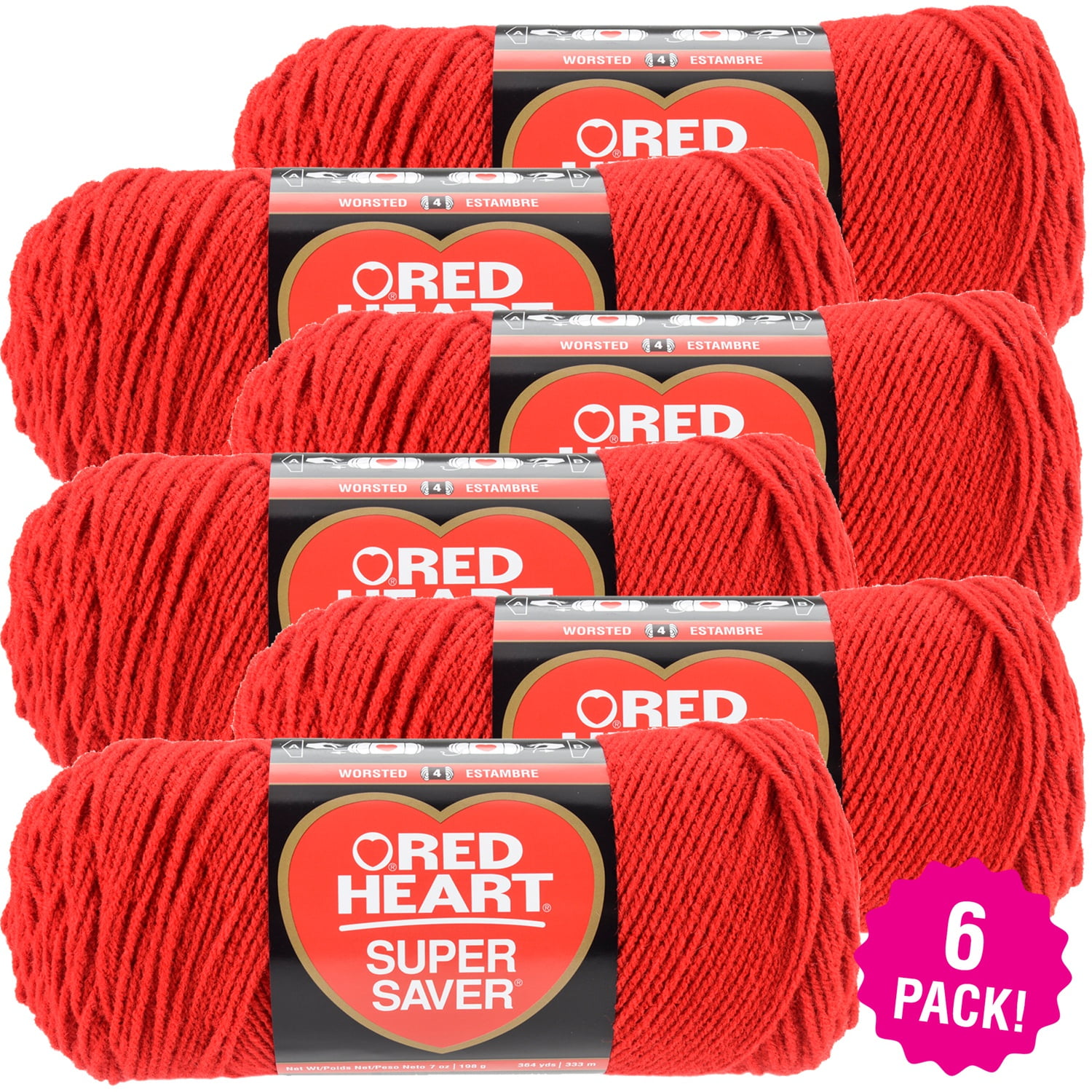Red Heart Super Saver Medium Weight Yarn - Cherry Red, Multipack of 6 ...