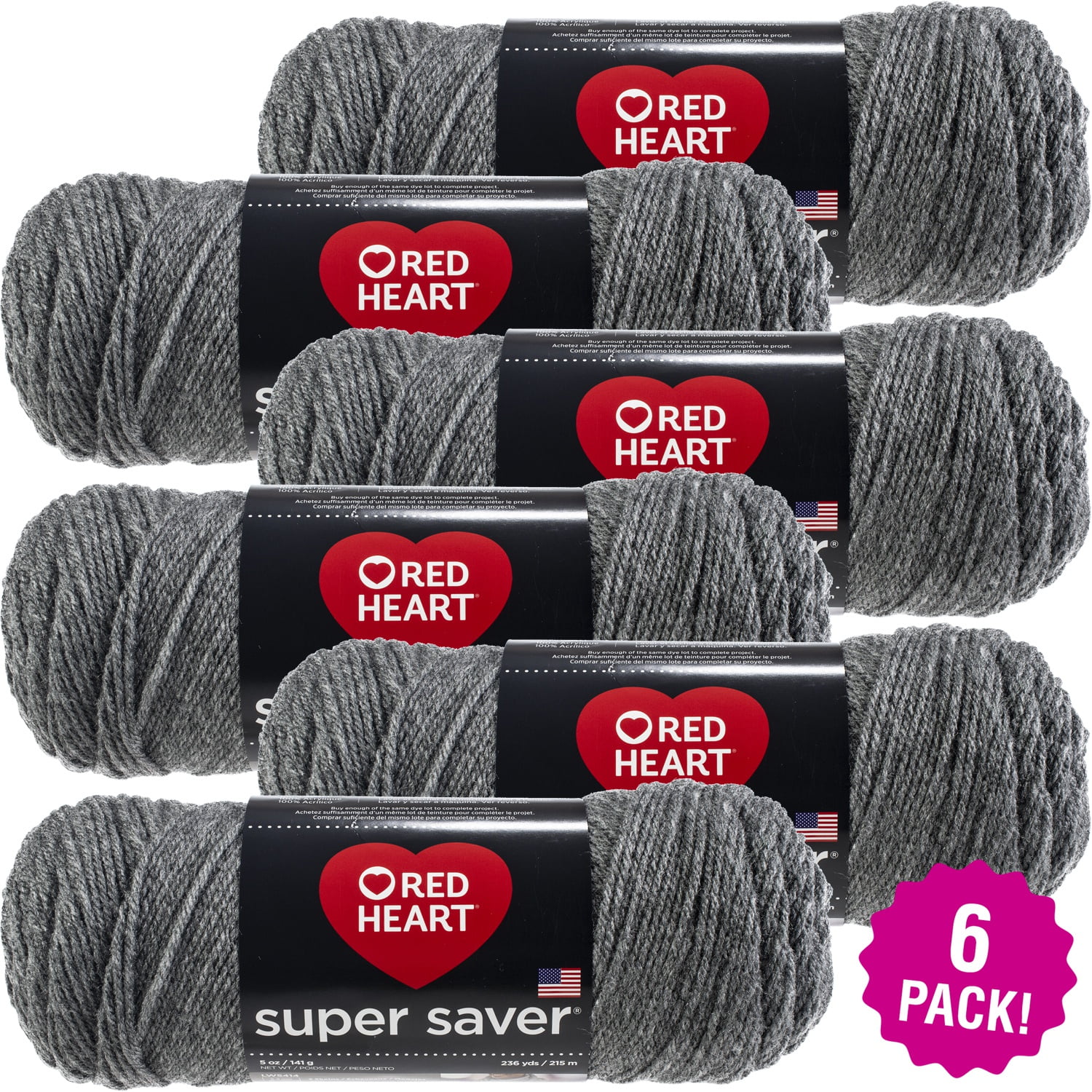 Red Heart Super Saver Yarn - Grey Heather, Multipack of 6 - Walmart.com