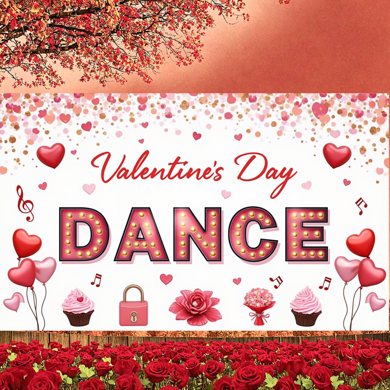 Red Heart Valentine's Day Banner Pink Flower Dance Party Display ...