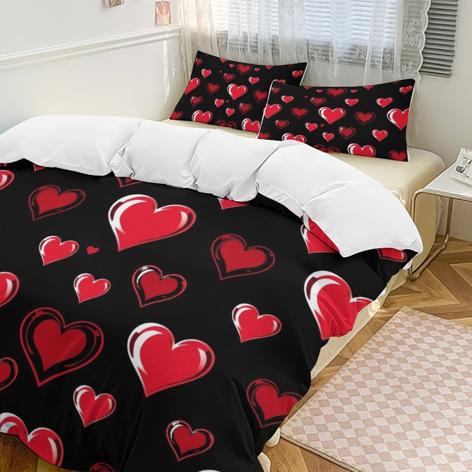 Red Hearts Black Background Bedding Comforter Set Quilt Bedding Set ...