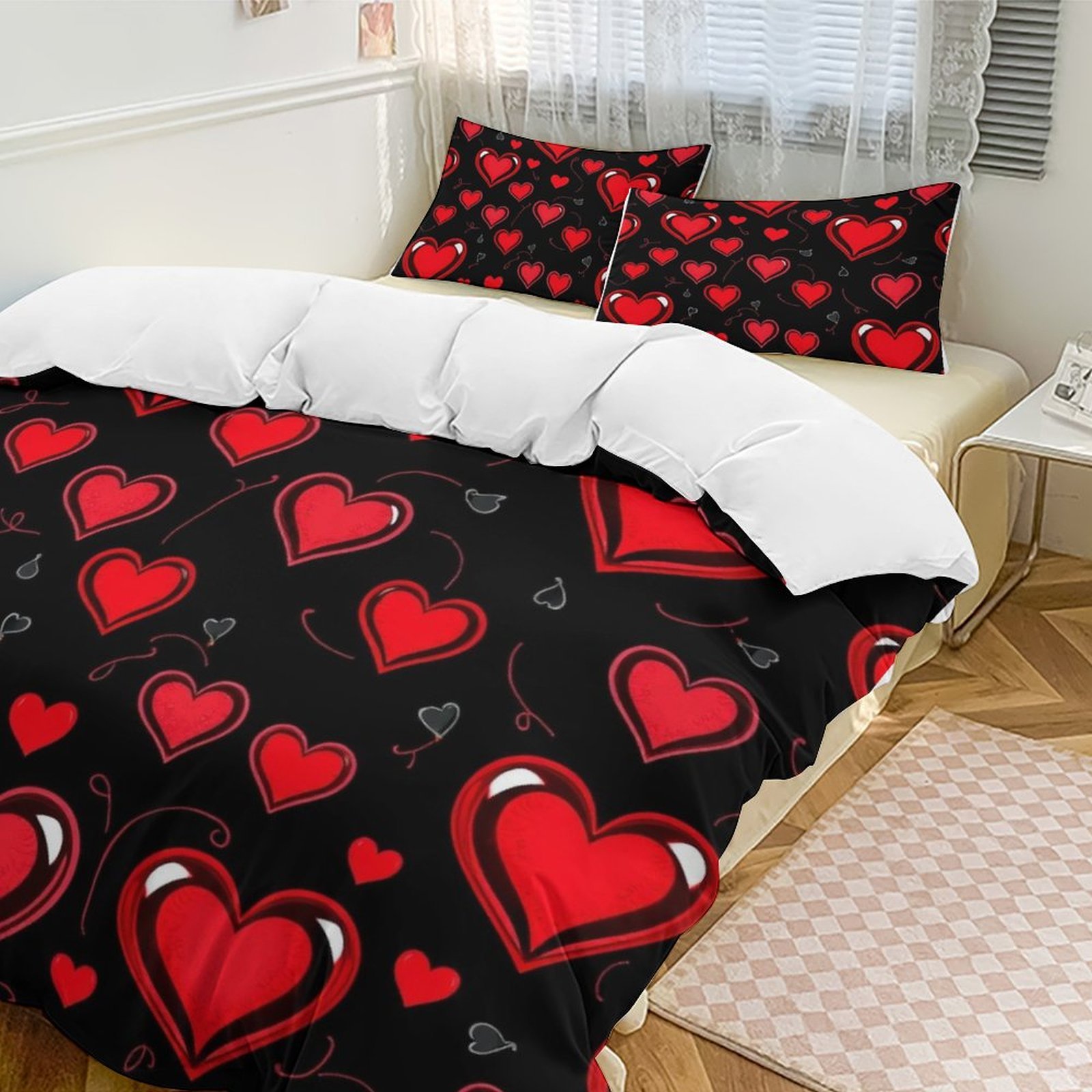 Red Hearts Black Background Duvet Cover Set Decorative 3 Pieces Bedding ...