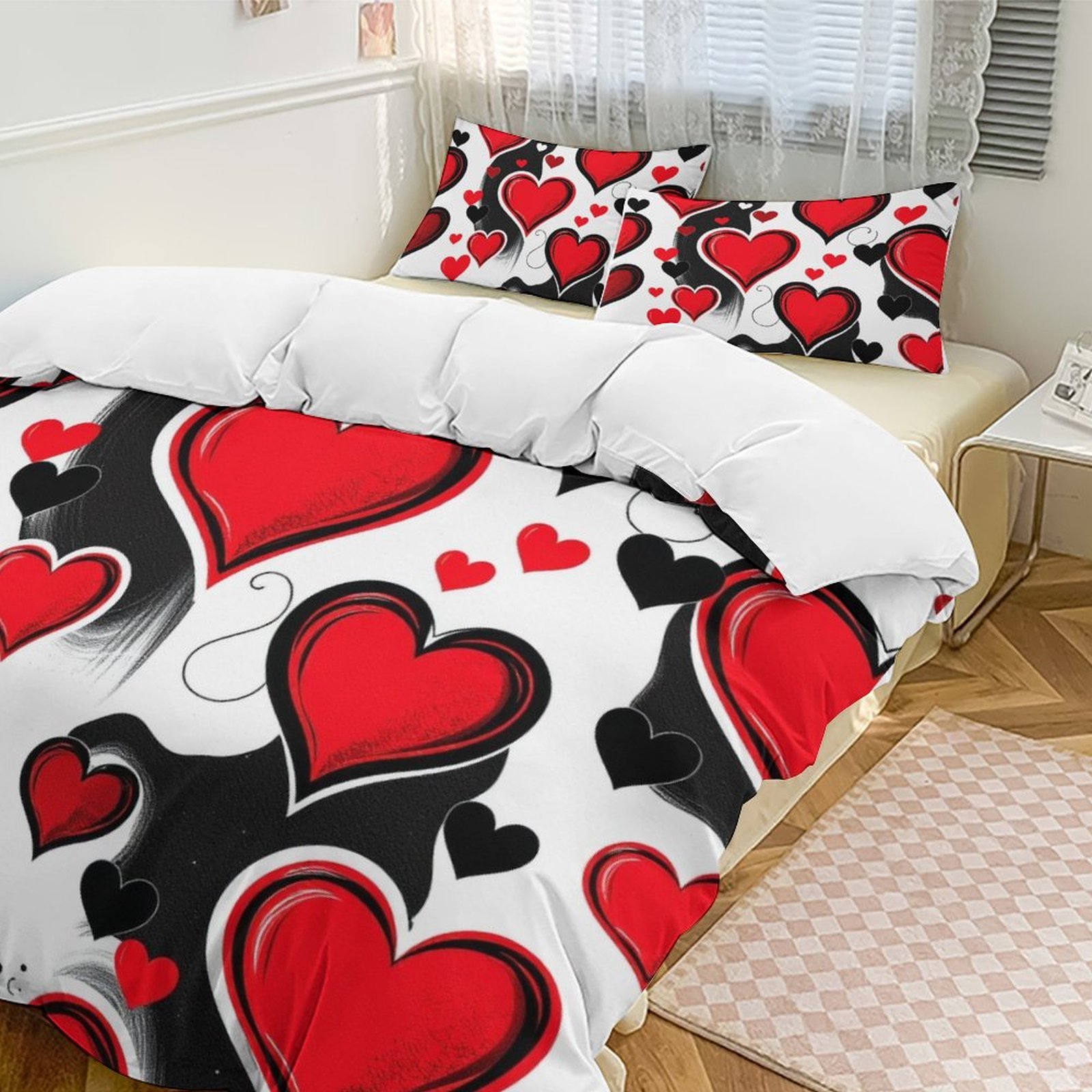 Red Hearts Black Swirls Bedding Comforter Set Quilt Bedding Set with 1 ...