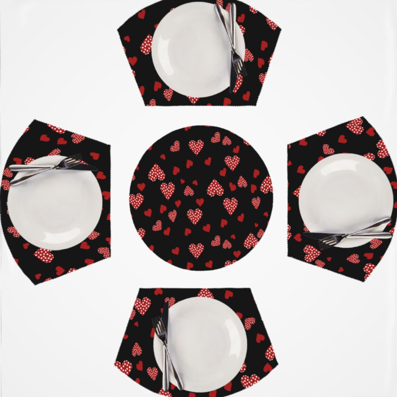 Red Hearts Pattern On Dark Background Round Table Placemats Set Of 5 Wedge Table Mats Washable ...