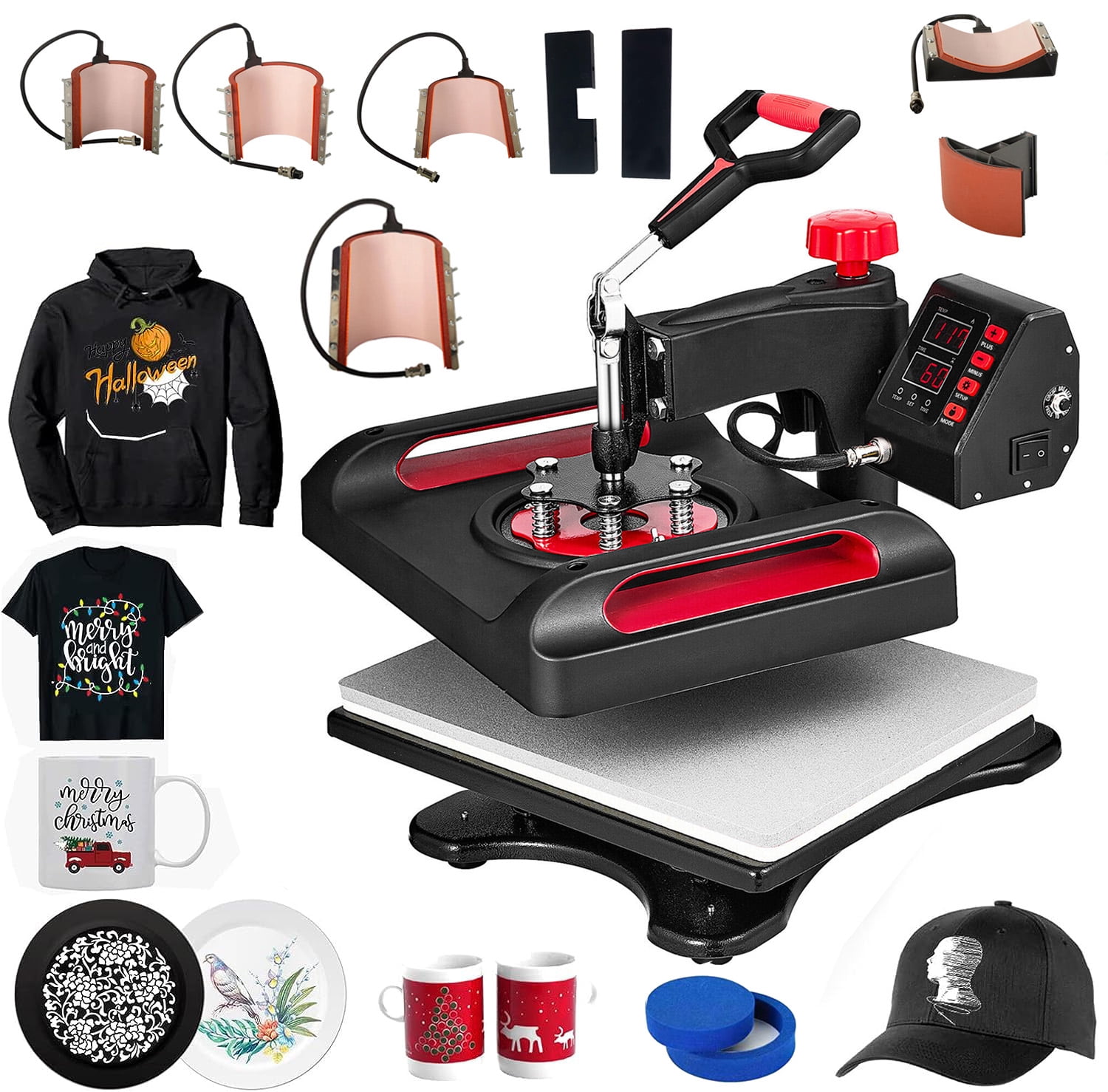 8 in 1 Red Heat Press Machine, 15x15 Inches, LCD Control, 360 Swing ...