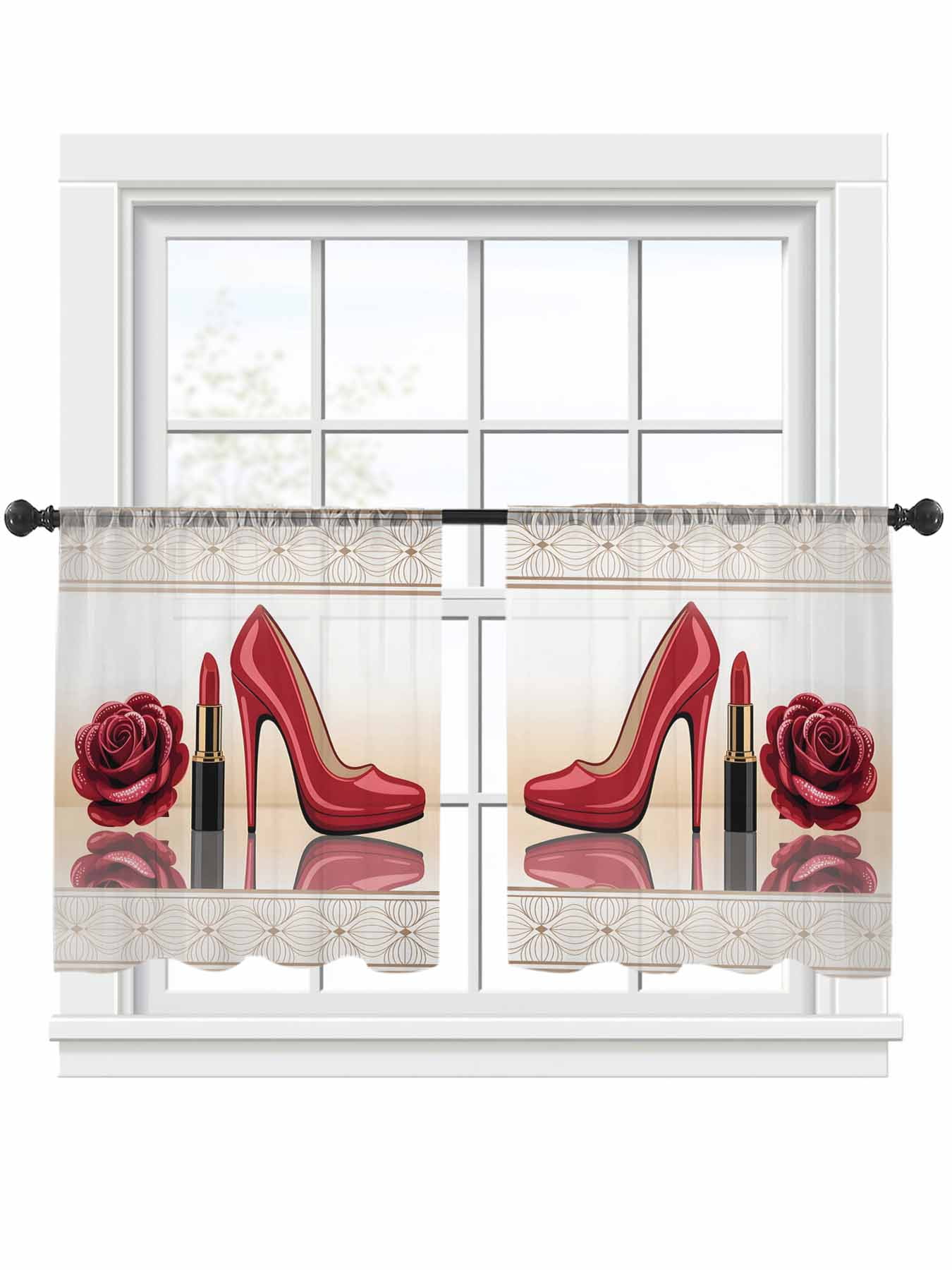 Red Heeled Shoes Sheer Curtains 2 Panels Set Roses Lipstick Sexy Modern ...
