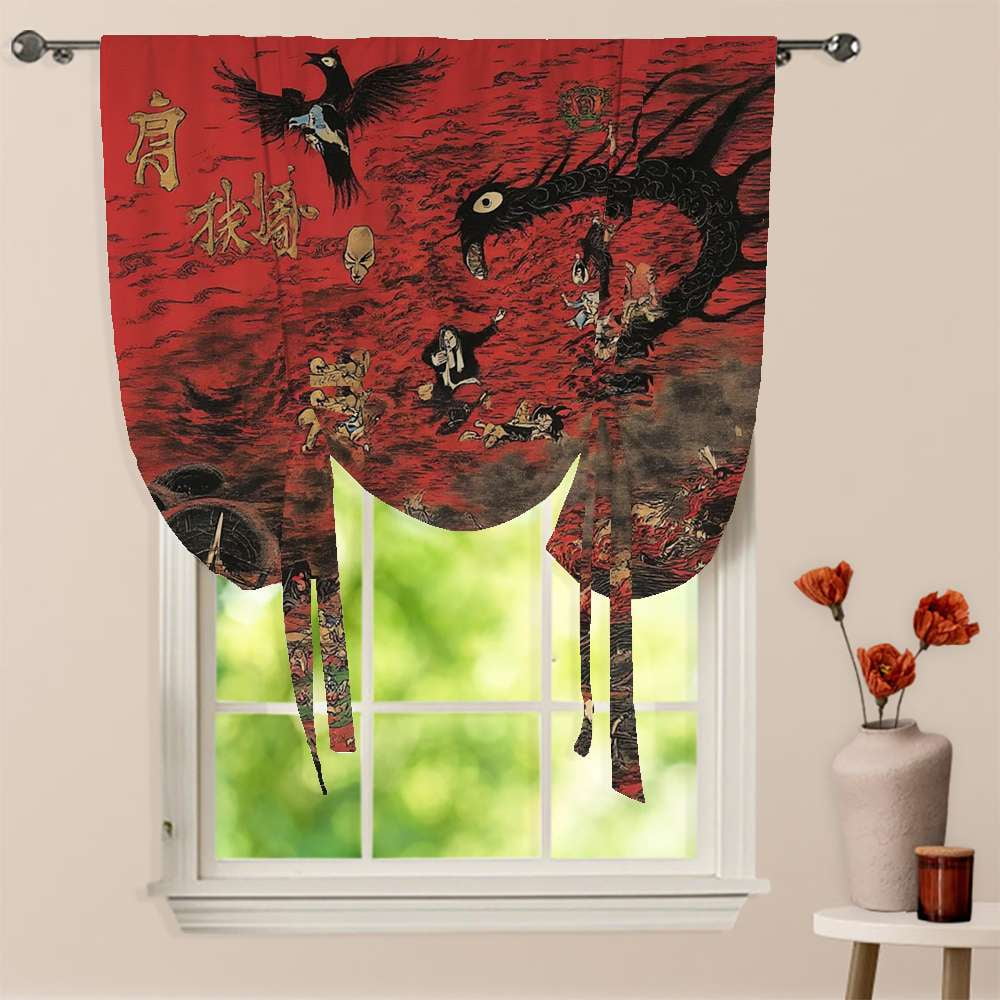 Red Hellish Fantastical Bird Chaos Window Curtain for Living Room Roman ...