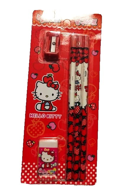 Red Hello Kitty Stationery Set 5 pcs - 3 pencils, 1 eraser, 1 pencil ...