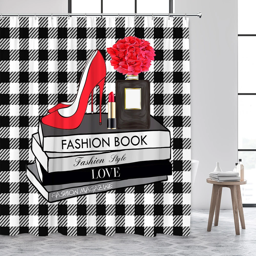 Red High Heels Print Shower Curtain 3D Black Wooden Board Background ...