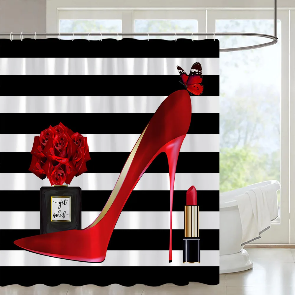 Red High Heels Print Shower Curtain 3D Black Wooden Board Background ...