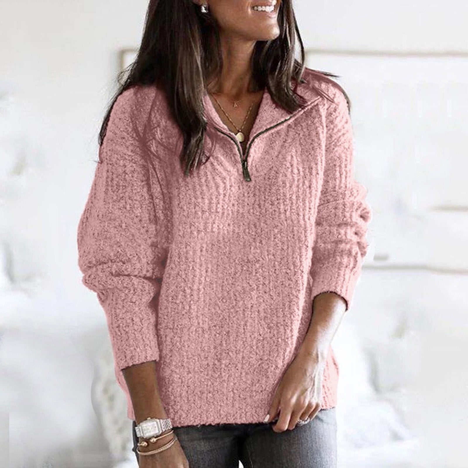 Womens Sweaters,Spring Black Long Sleeve Half Zipper Neck Solid Color ...