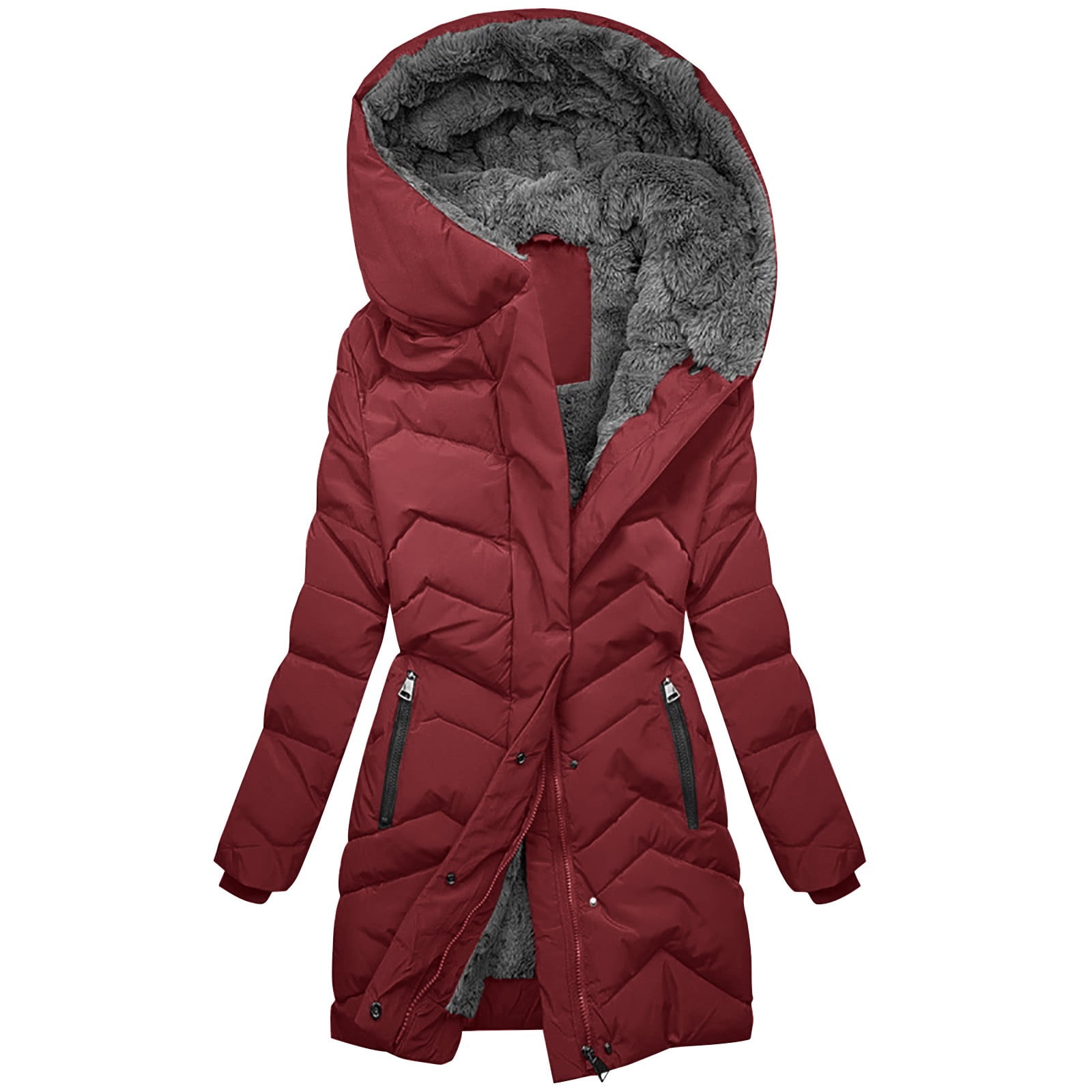 Red Hooded Plain Puffer Jackets for Ladies Winter Fall Spandex Long ...