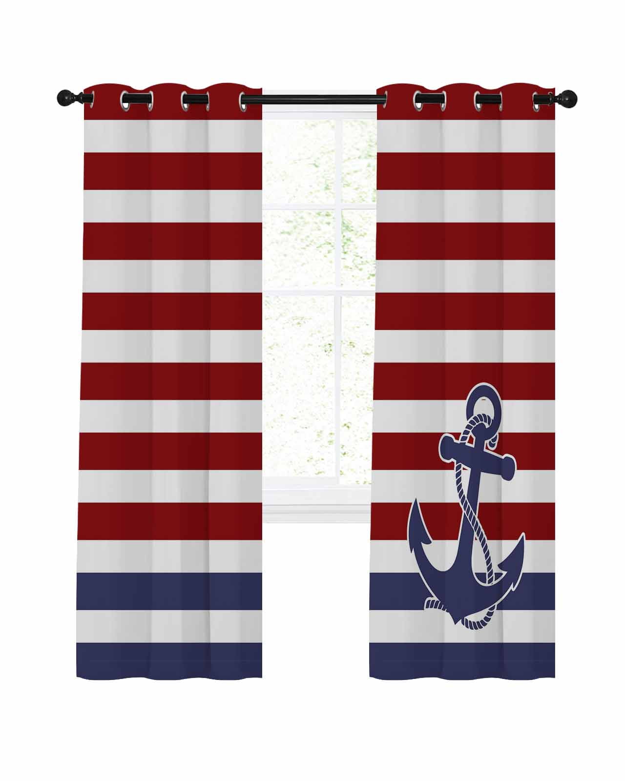 Red Horizontal Striped Blackout Curtains 63 Inches Length, Navy Anchor ...