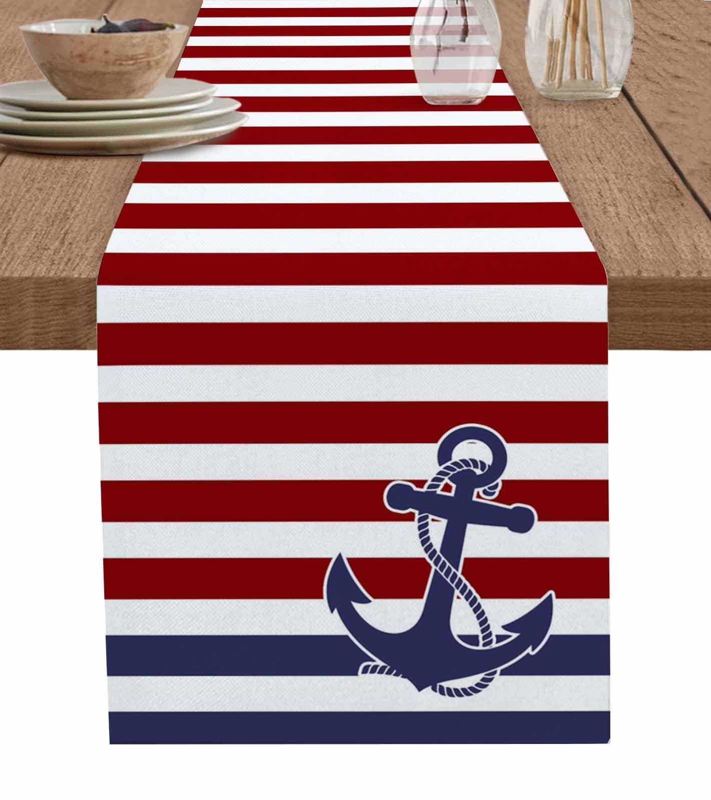 Red Horizontal Striped Short Table Runners 48 Inches, Cotton Linen ...