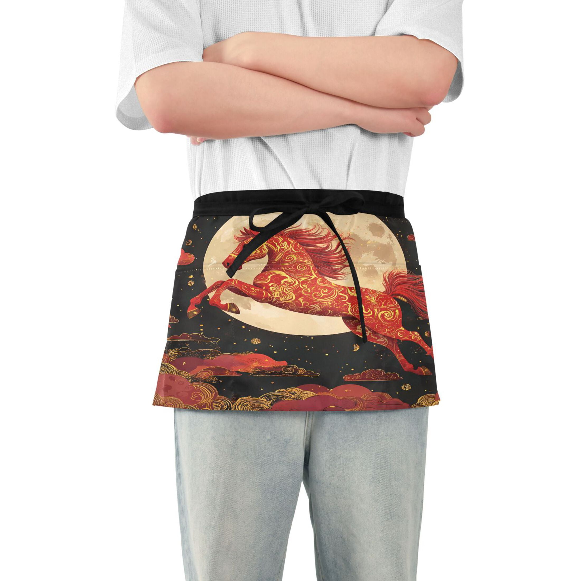 Red Horse Galloping under Moon Server Apron with 3 Pockets Waterproof ...