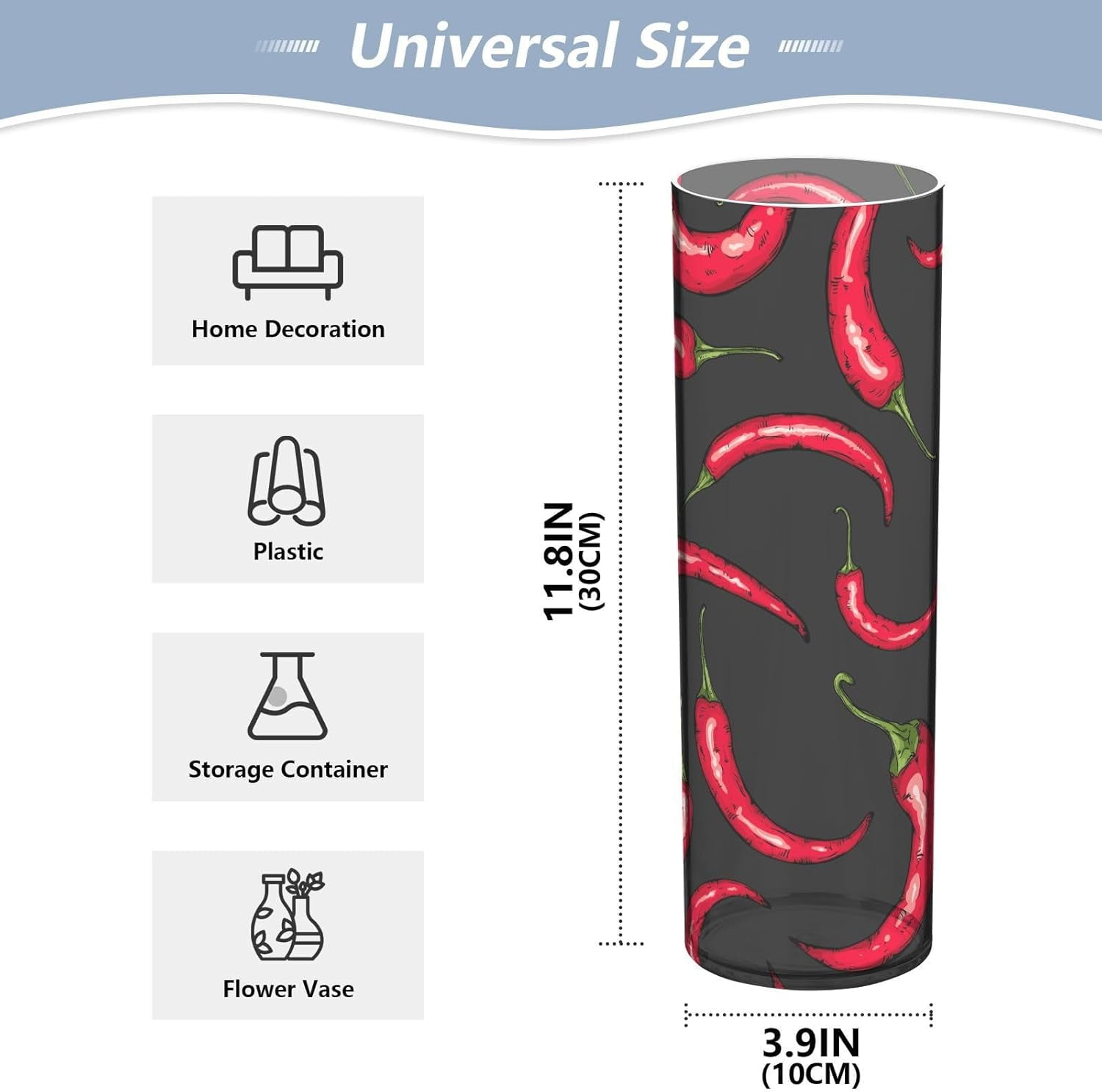 Red Hot Chili Pepper Vase For Flowers 3.9X10 Inch Cylinder Plastic Vase ...