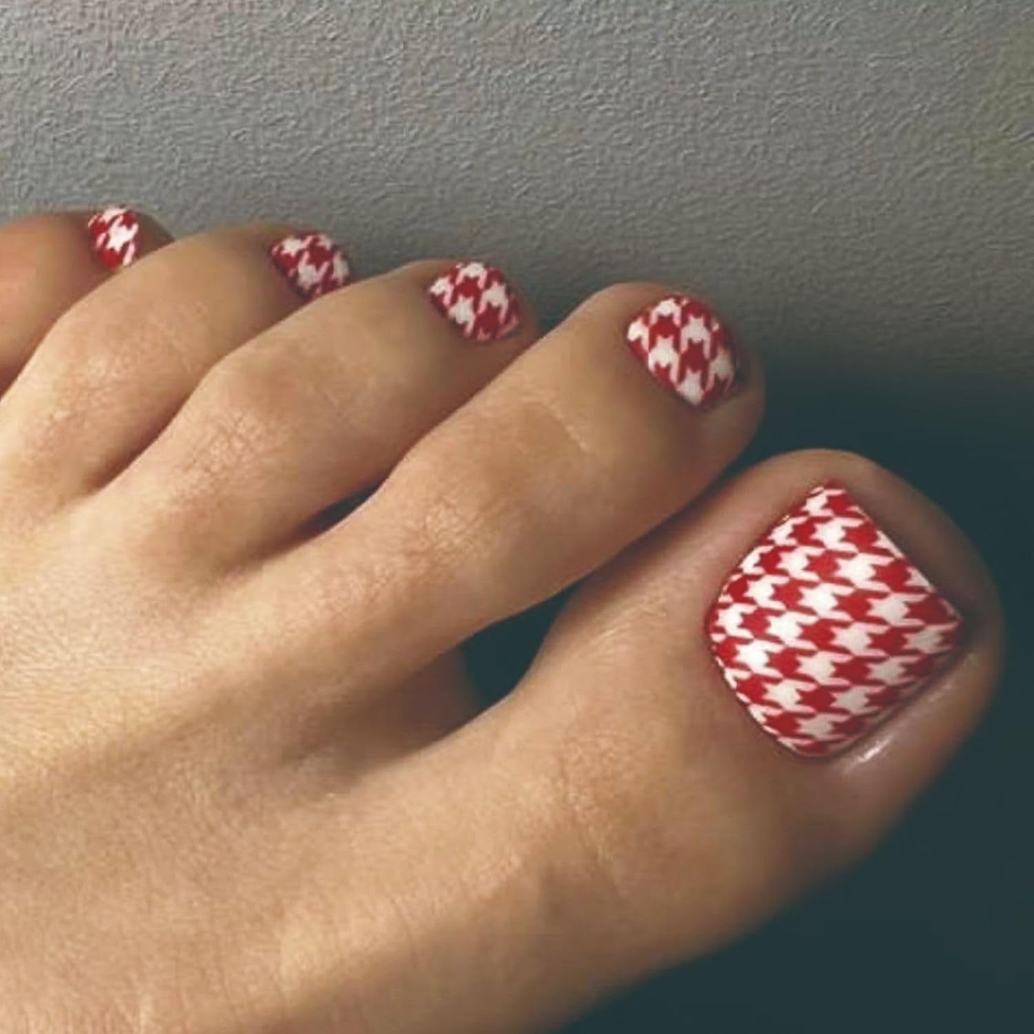 Red Houndstooth Square Fake Toenails White Press on Toenails Solid ...