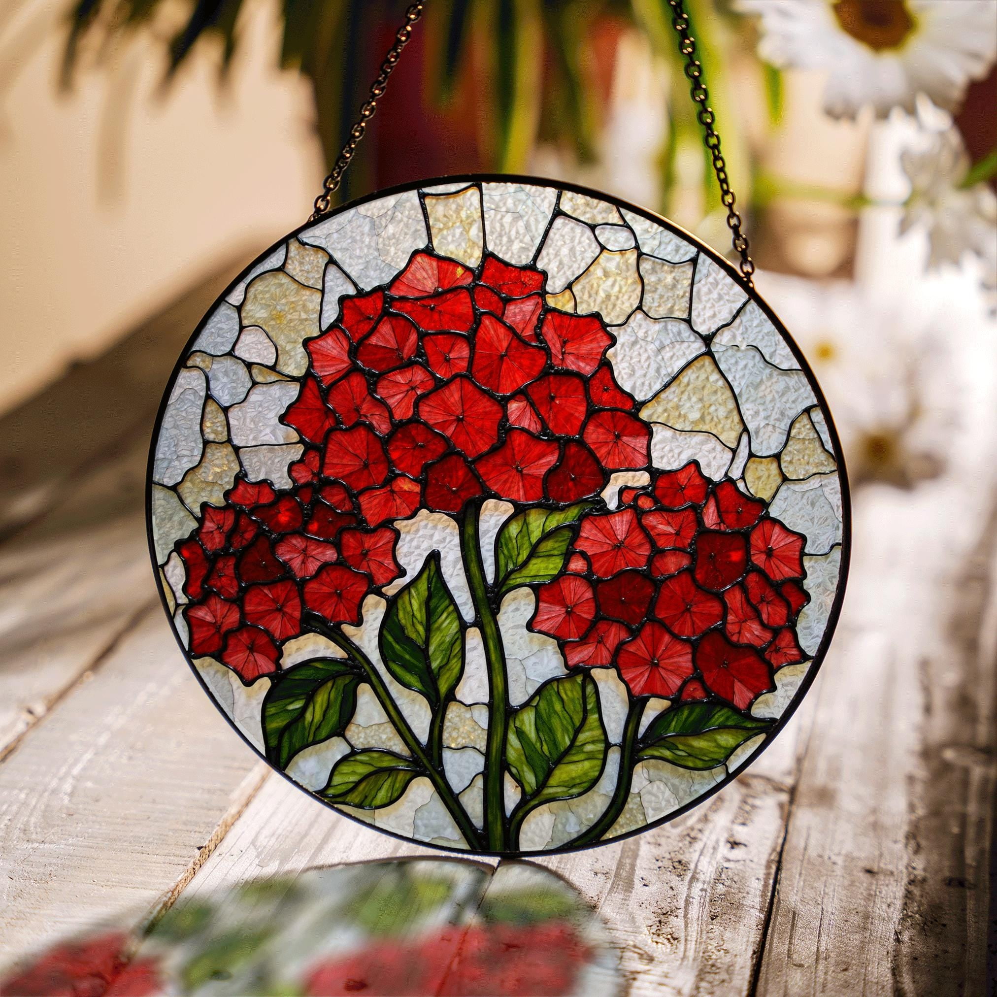 Red Hydrangea Stained Glass Style Suncatcher, Elegant Floral Window ...