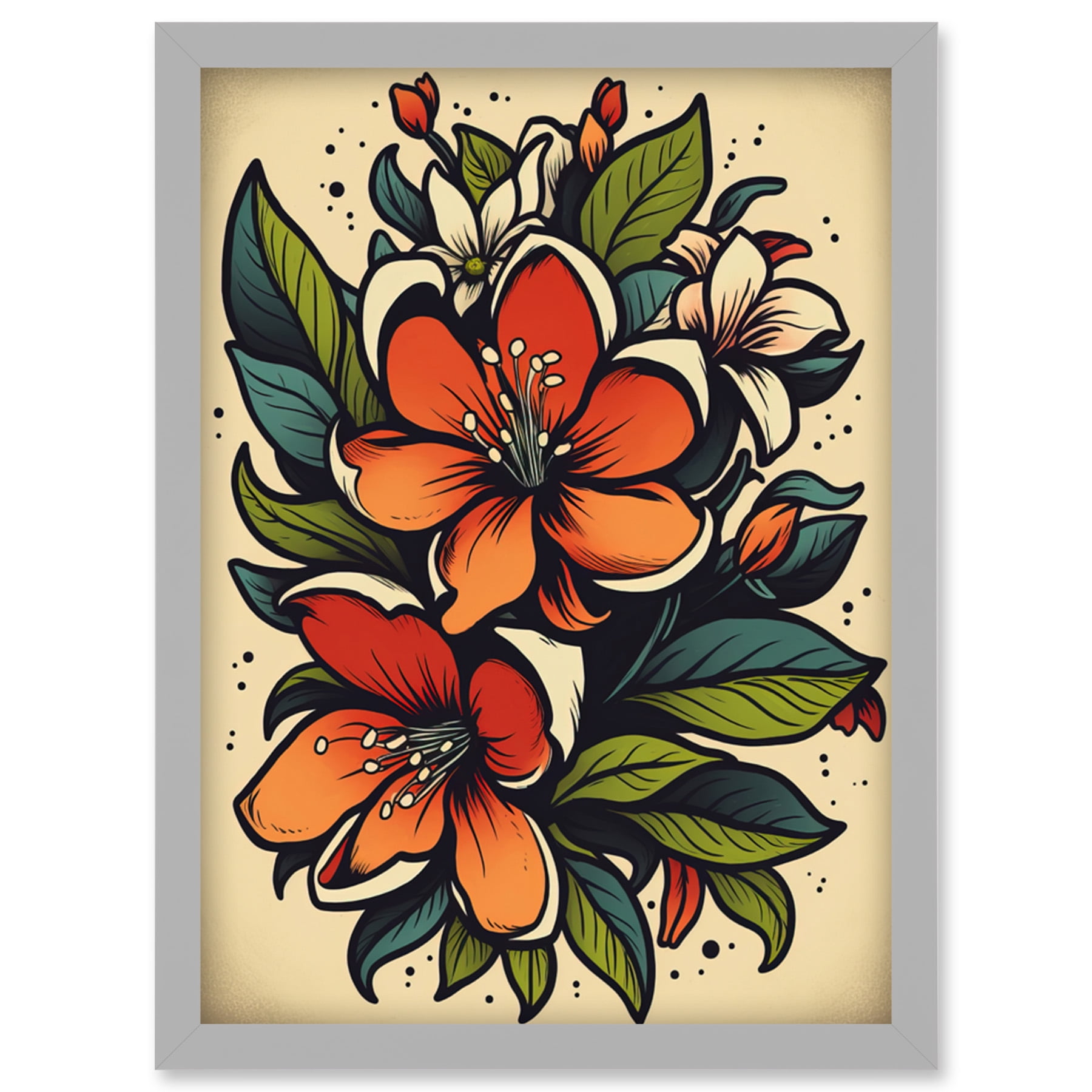 Red Jasmine Flower Old School USA Tattoo Ink Body Rockabilly Americana 50s Artwork Framed Wall ...