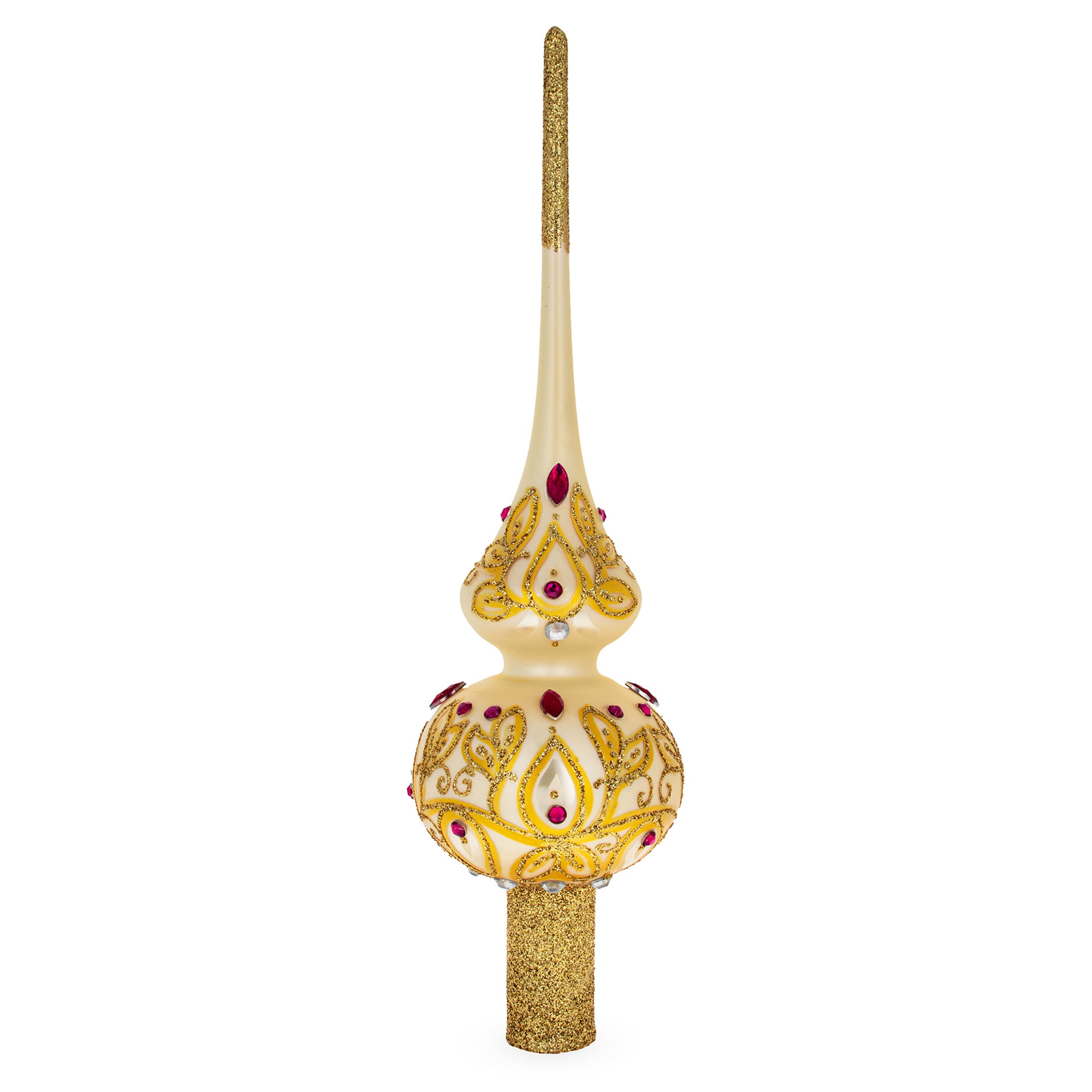 Red Jeweled with Golden Leaves Glass Christmas Tree Topper 11 Inches ...