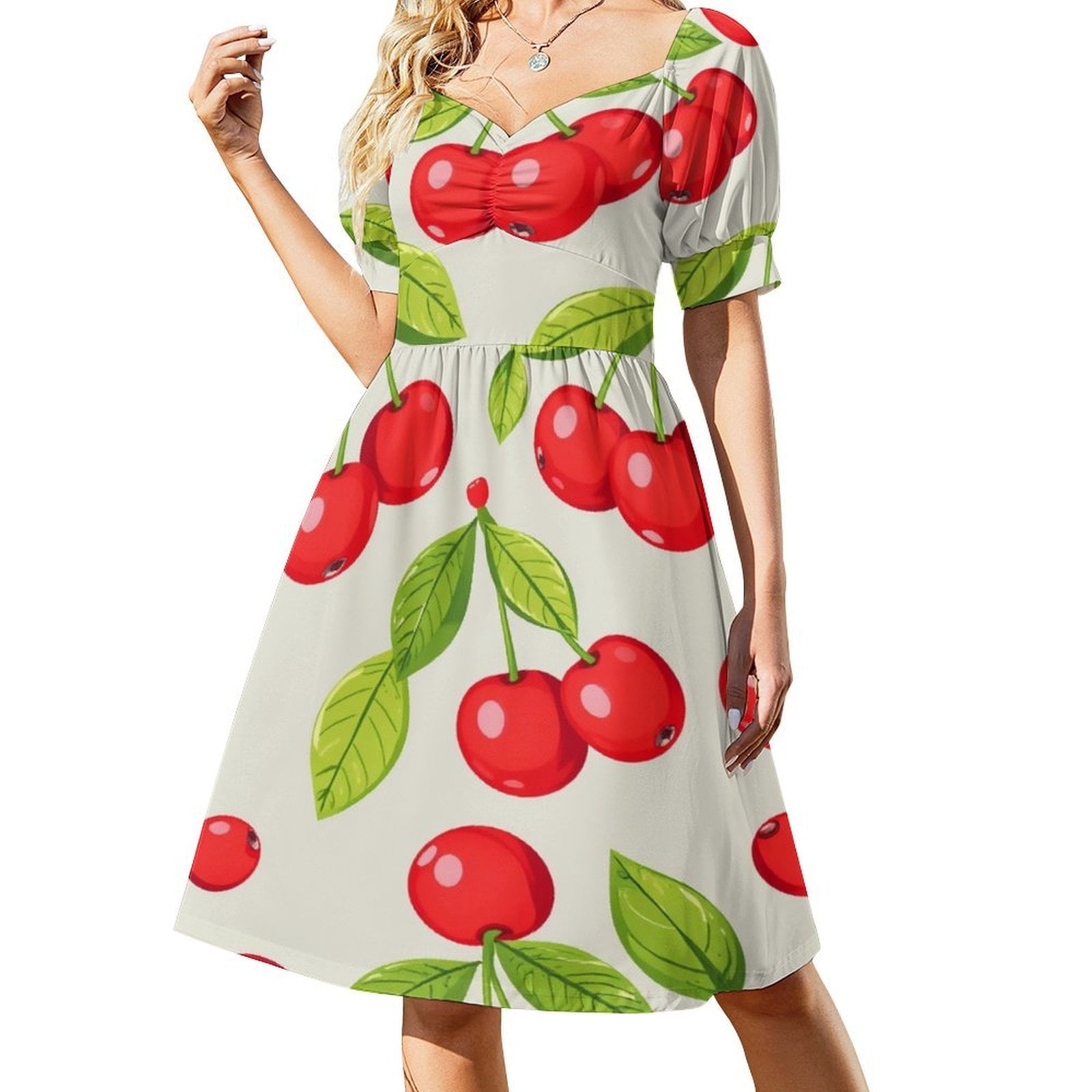Red Juicy Cherries Short Sleeved Dress Fairy Dress Evening Gown Women ...