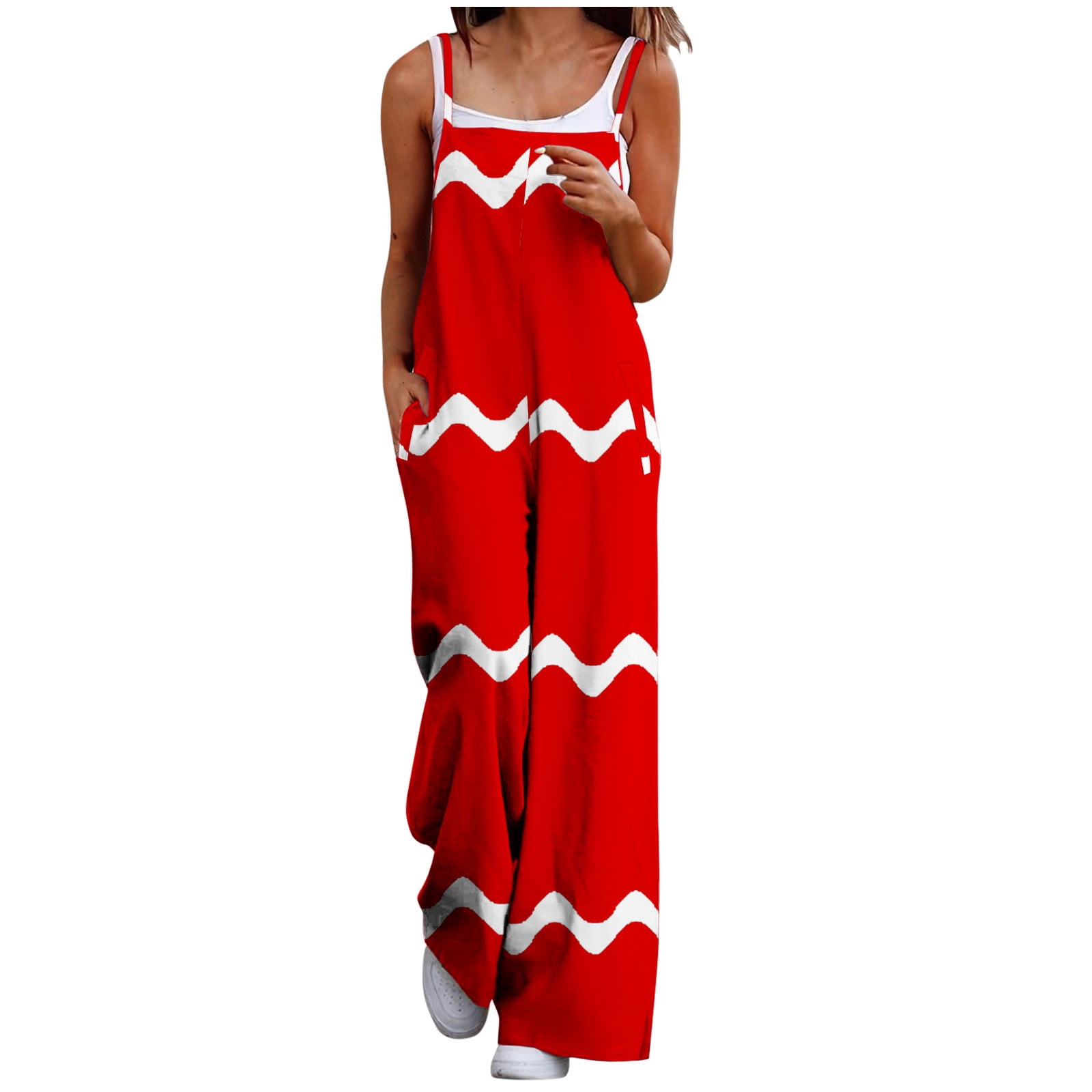 Red Jumpsuits for Women Summer Fall Loose Fit Brunch Striped Flared ...