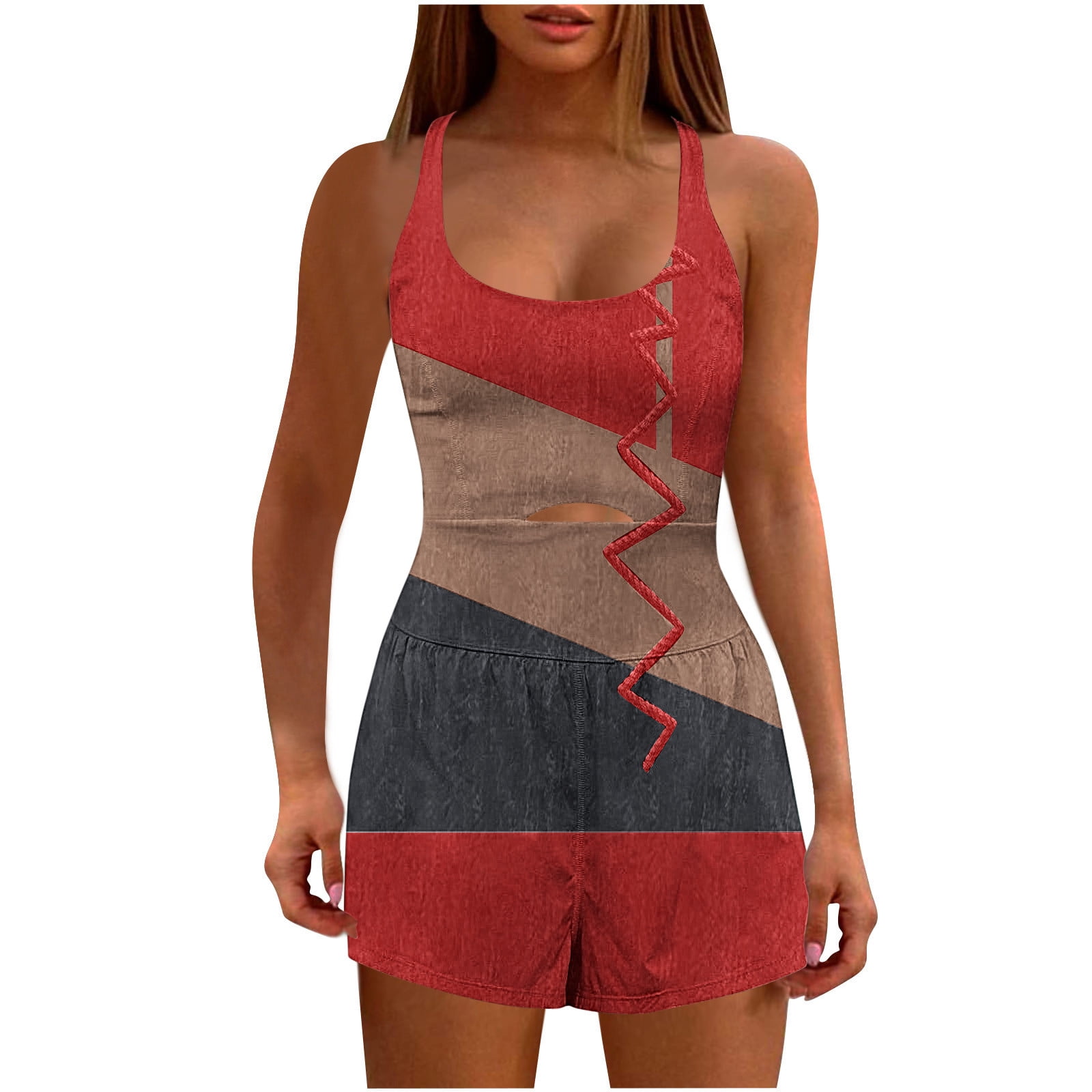 Red Keyhole Wrap Criss Cross Workout Gym Jumpsuits Shortalls for Women Fall Summer Color Block ...