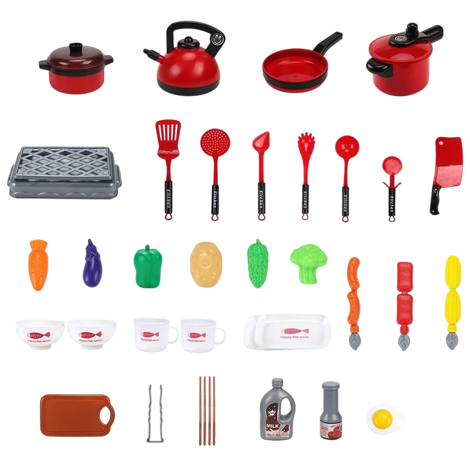 Red Kids Mini Kitchen Playset 43 Pcs Pretend Play Cooking Toy With ...