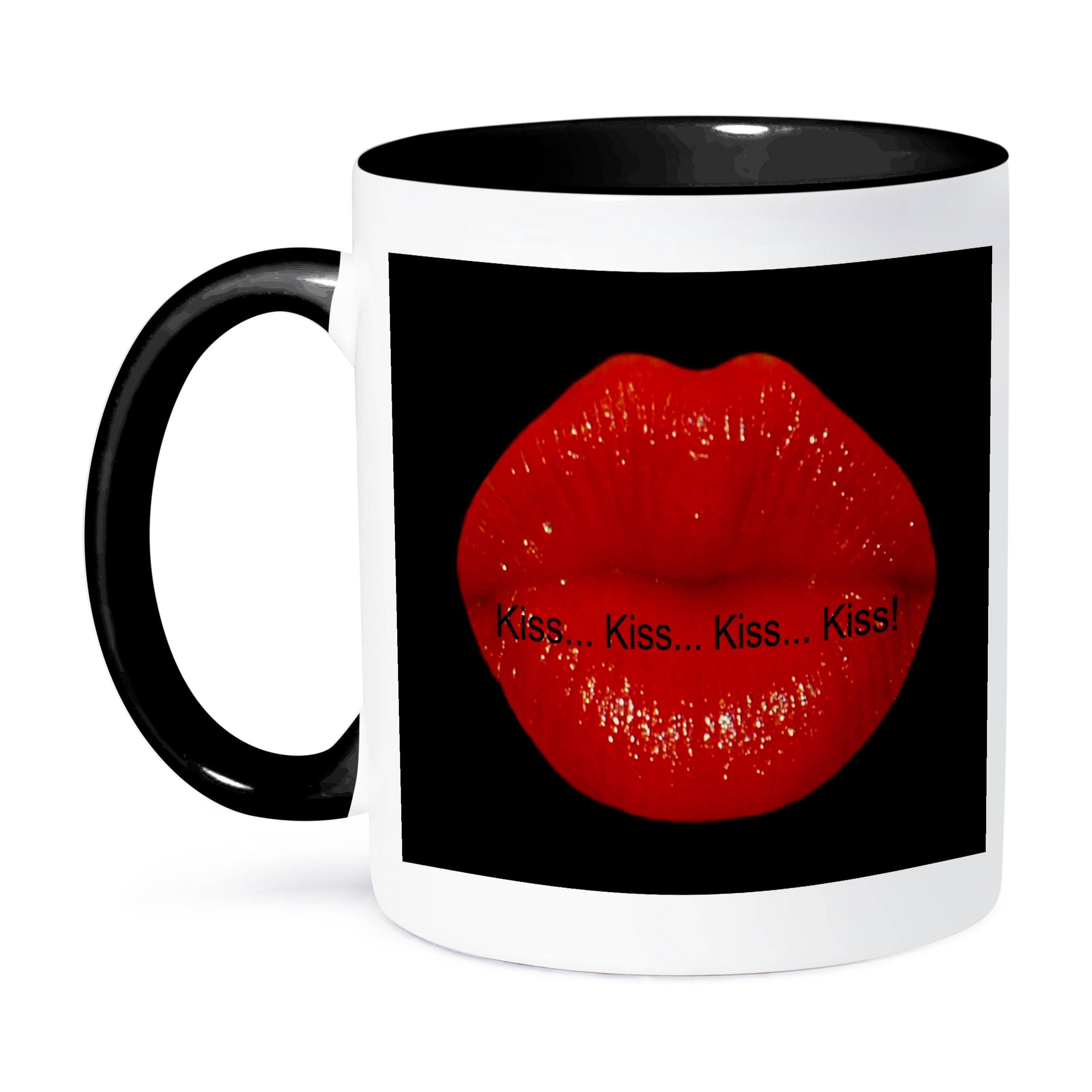 3dRose, Red Kissing Lips Black Background Kiss Kiss Kiss, 15oz Two-Tone ...