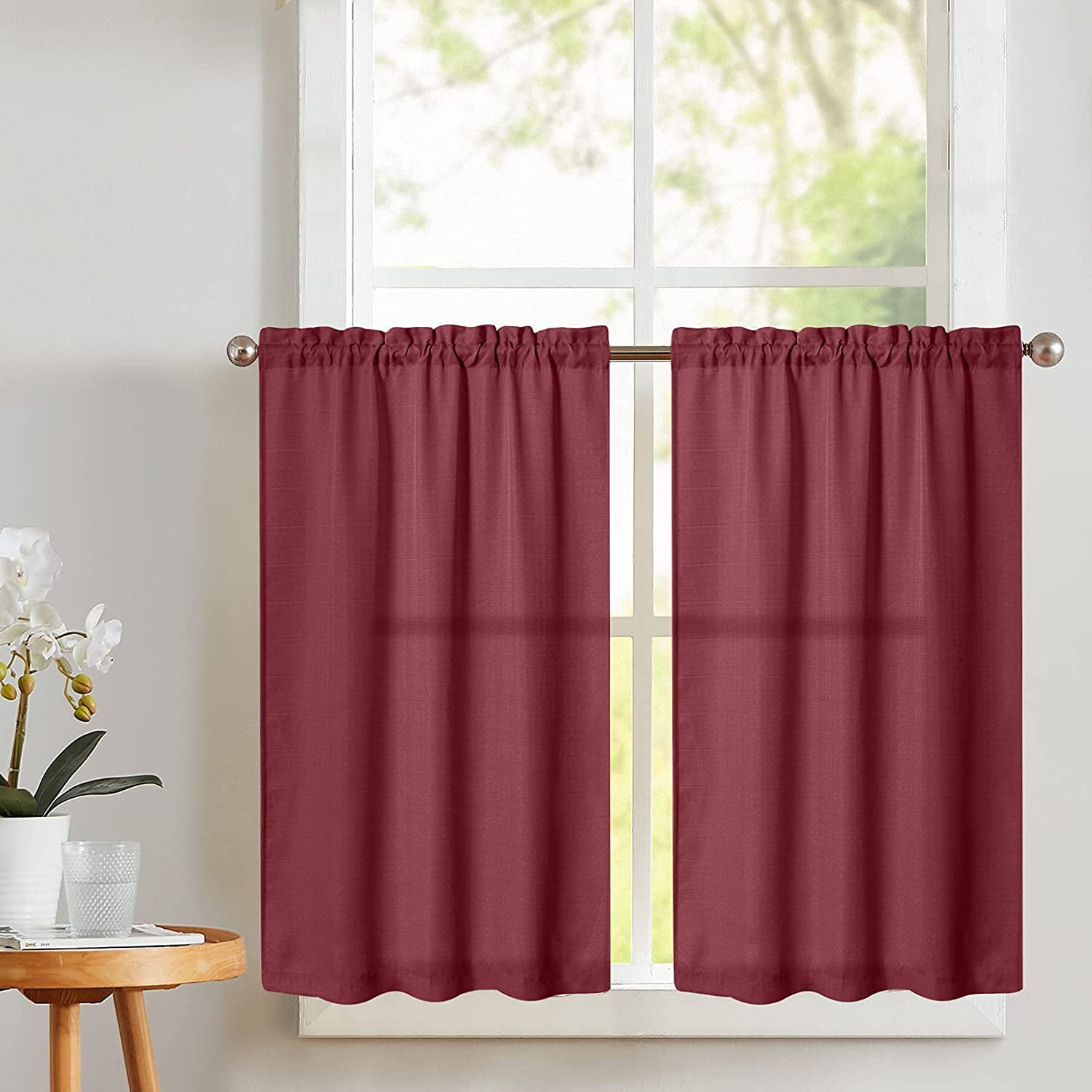Red Kitchen Curtains 45 Inch Length Casual Weave Textured Cafe Curtains ...