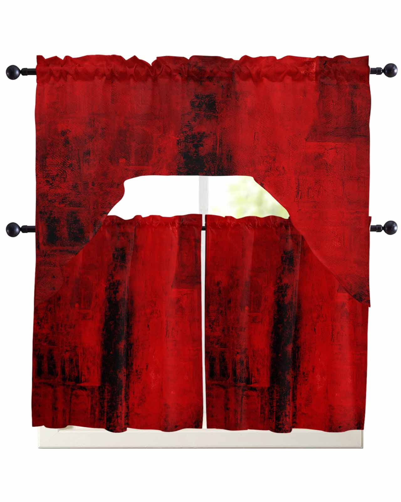 Red Kitchen Curtains Sets 24 Inch Length with Valance, Retro Oil ...