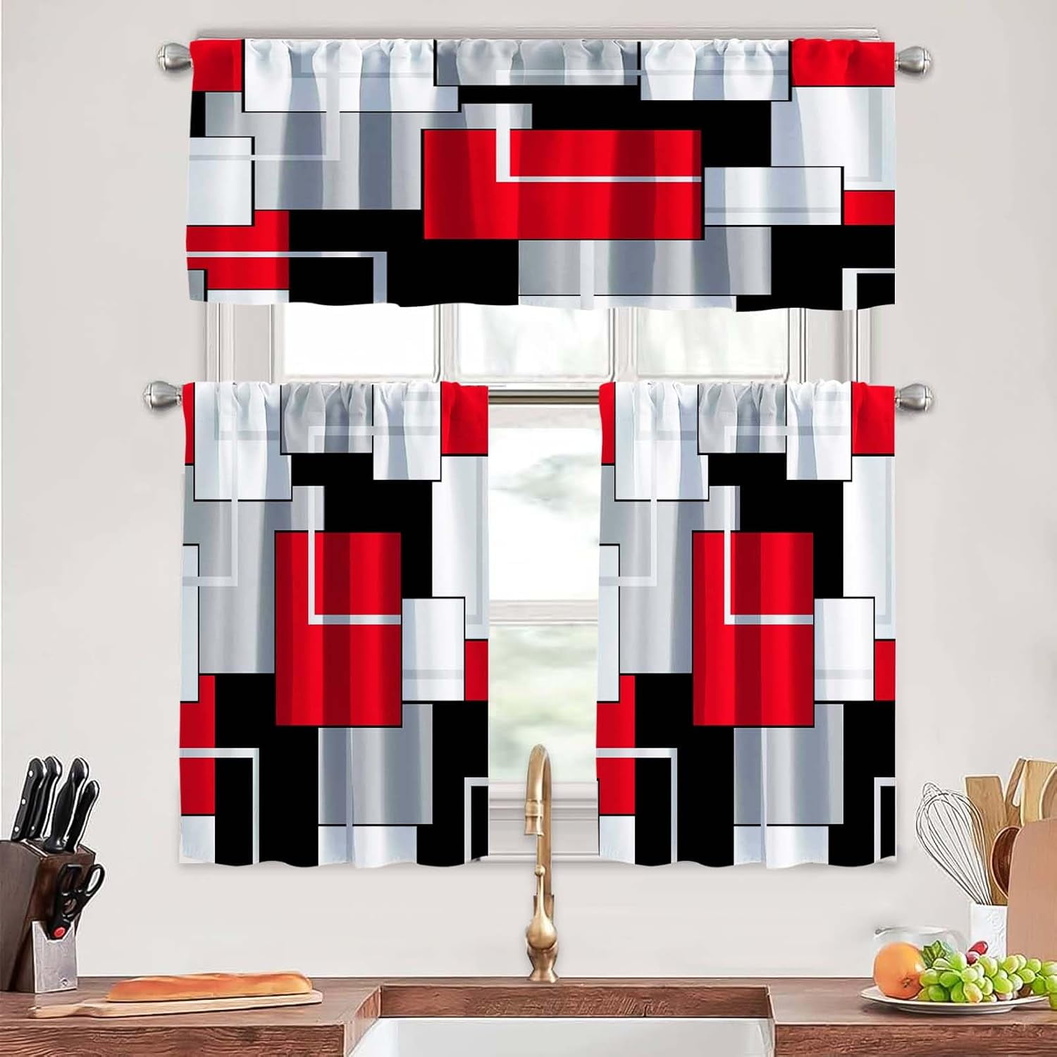 Red Kitchen Curtains Tiers and Valances Set 3 Piece for Windows ...