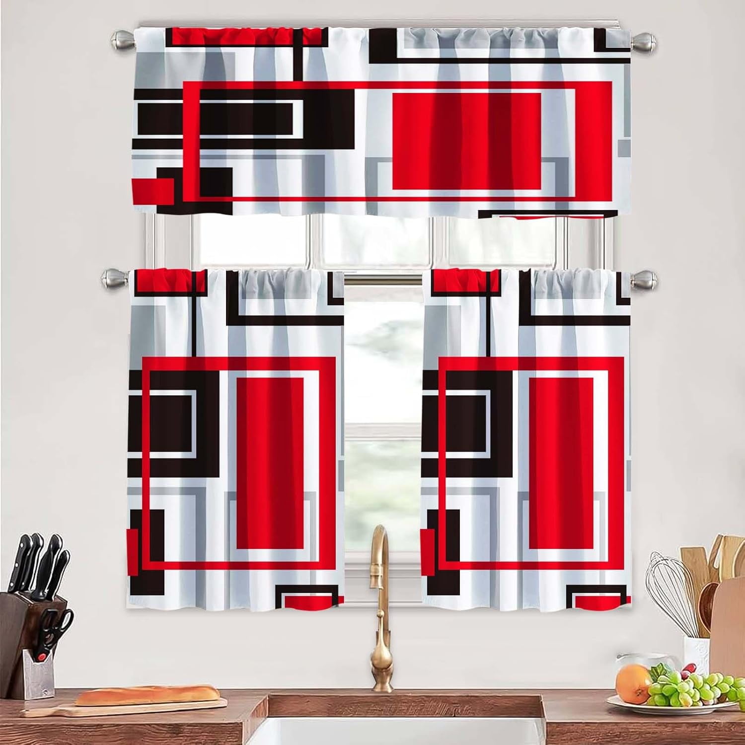Red Kitchen Curtains Tiers and Valances Set 3 Piece for Windows Grey ...