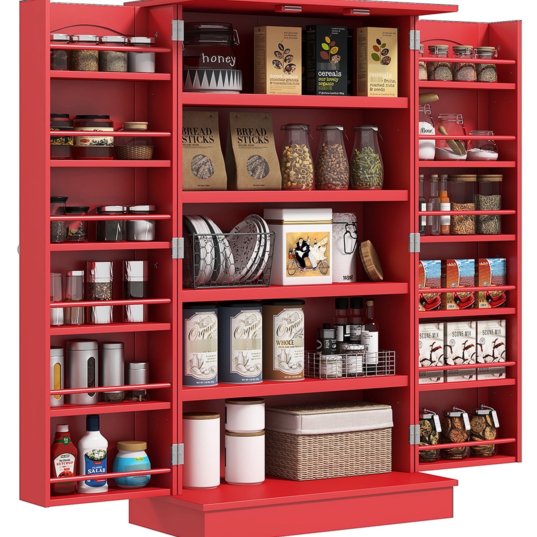 Red Kitchen Pantry Cabinet With Double Doors & Adjustable Shelves 41 ...