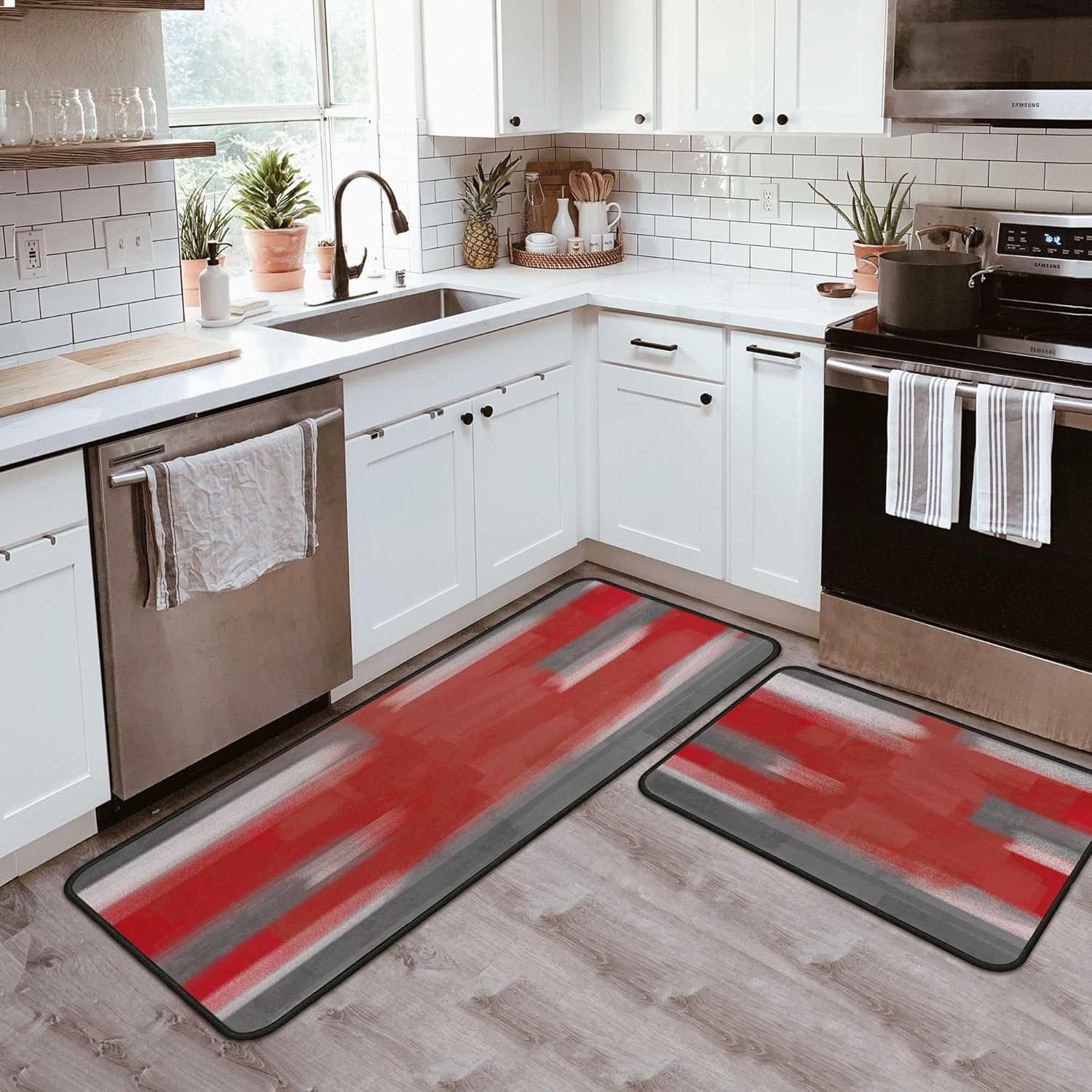 Red Kitchen Rugs Set of 2 Abstract Kitchen Mats for Floor Non-Slip ...