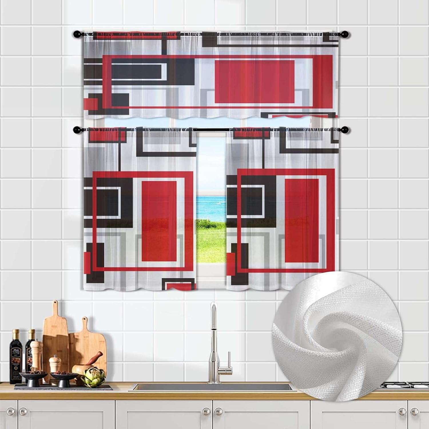 Red Kitchen Sheer Curtain Tiers and Valances Set of 3PC - Artistic and ...