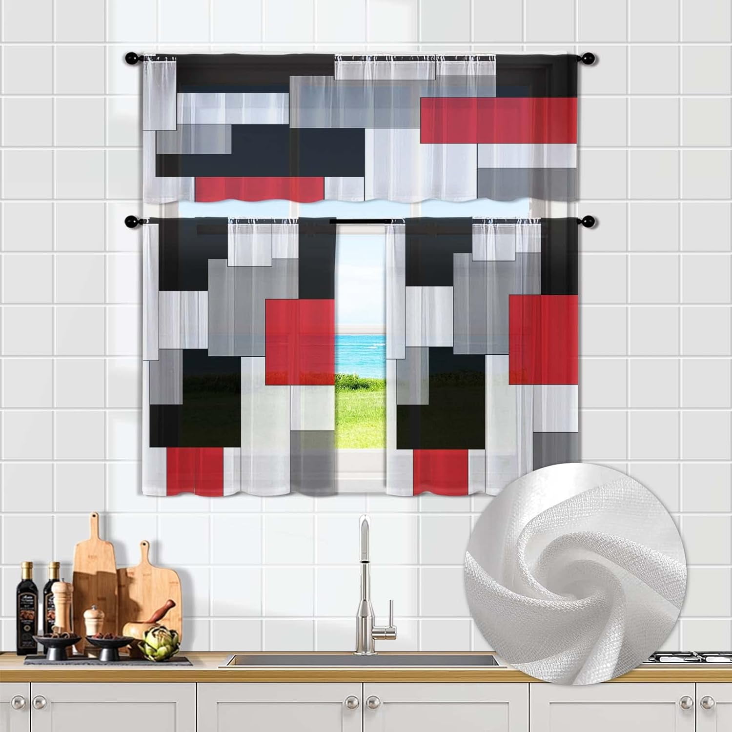 Red Kitchen Sheer Curtain Tiers and Valances Set of 3PC - Artistic and ...