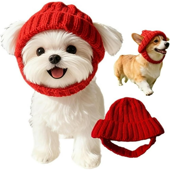 Red Knit Dog Beanie Hat with Ear Flaps – Warm Winter Pet Snood with Ear ...