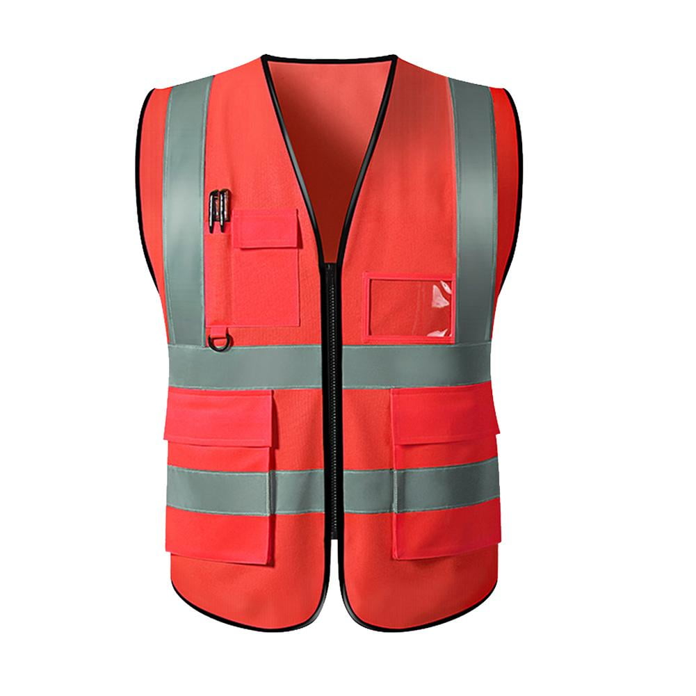 Red Knitted Fabric Multi-Pocket Construction Vest Vest Construction ...