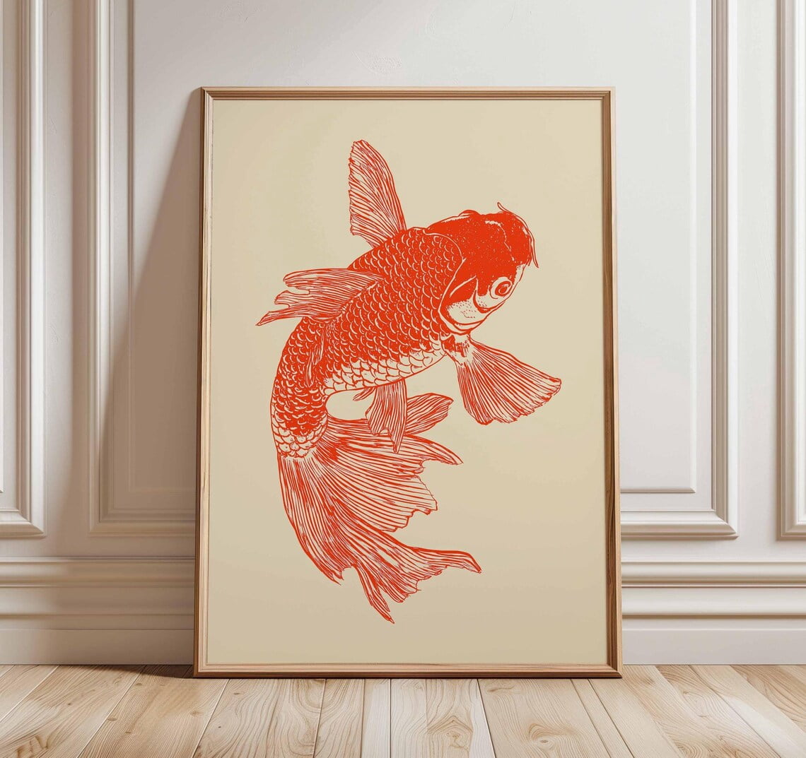 Red Koi Fish Japanese Minimalist Elegant Goldfish Zen Line Drawing ...