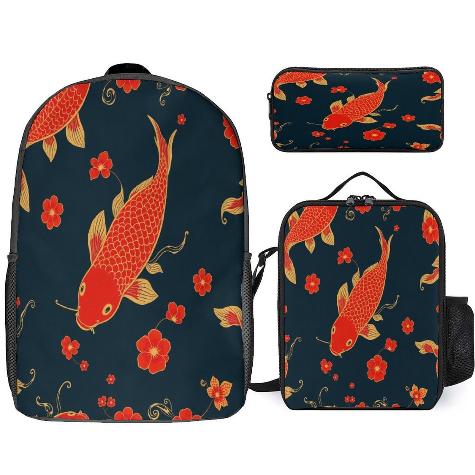 Red Koi Fish Pattern 3pcs/Set Bags Laptop Daypack Backpack Lunch Bag ...